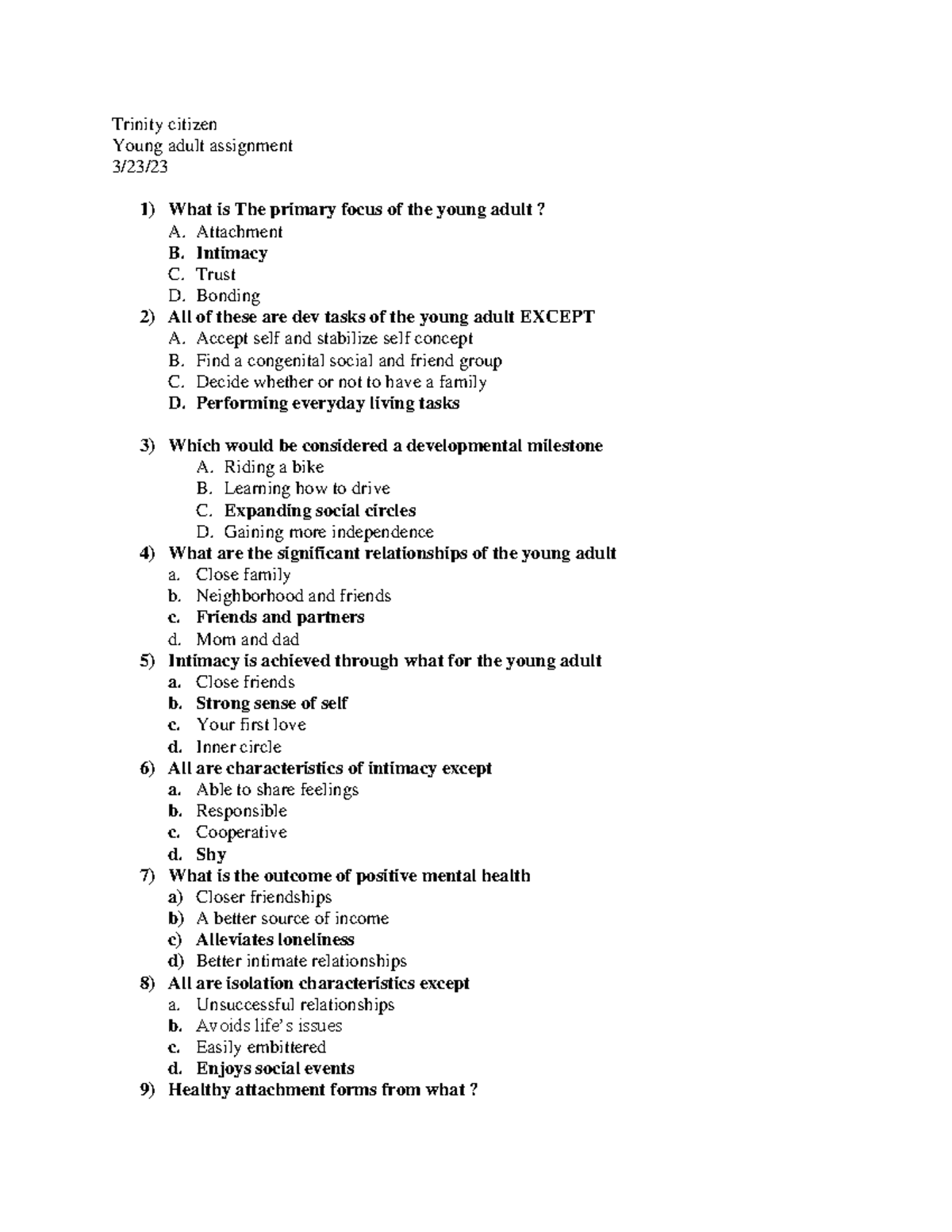 Trinity Citizen Young Adult Assignment: Key Developmental Focuses - Studocu