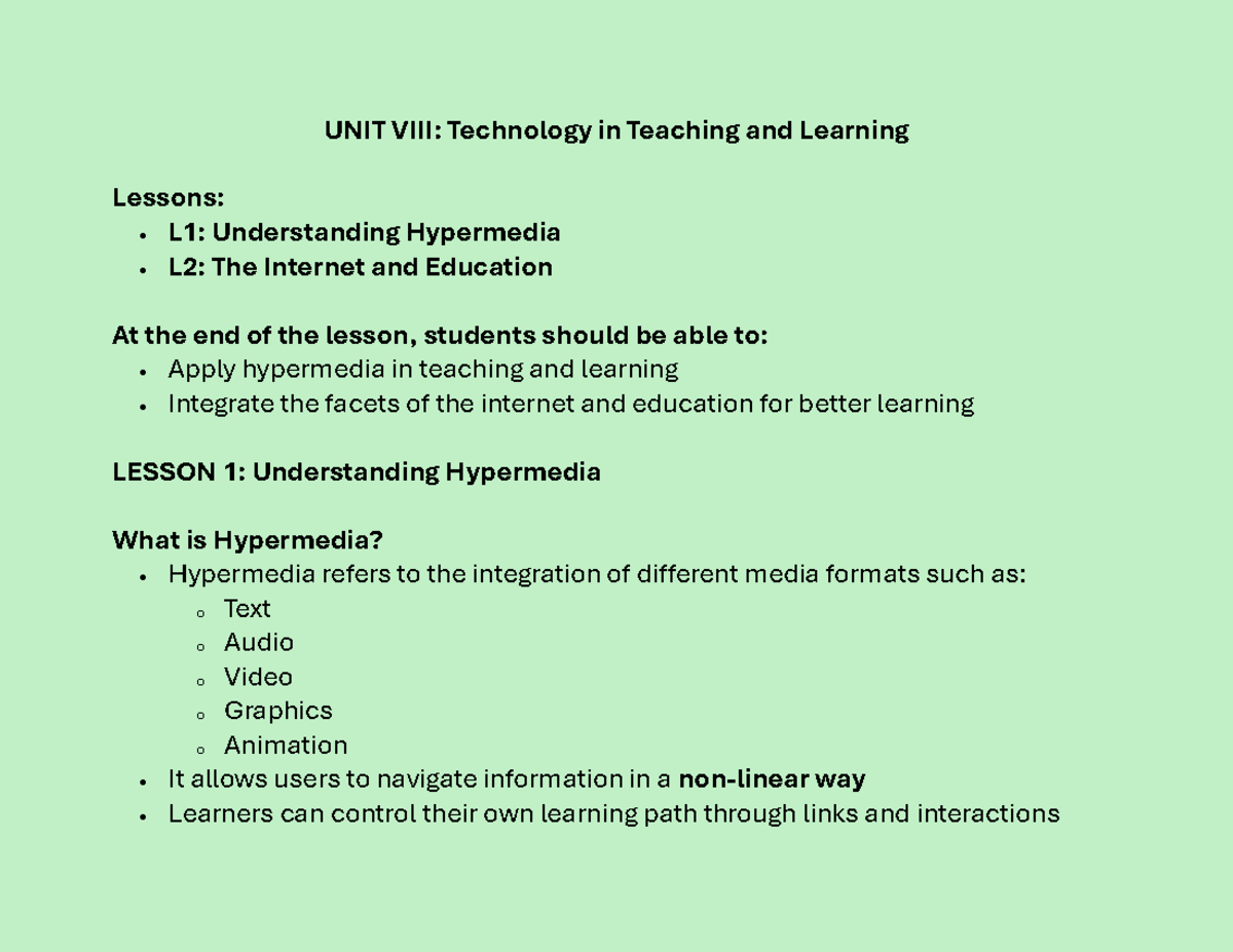 UNIT 8-9: Technology in Teaching & Learning - Hypermedia & Internet in ...