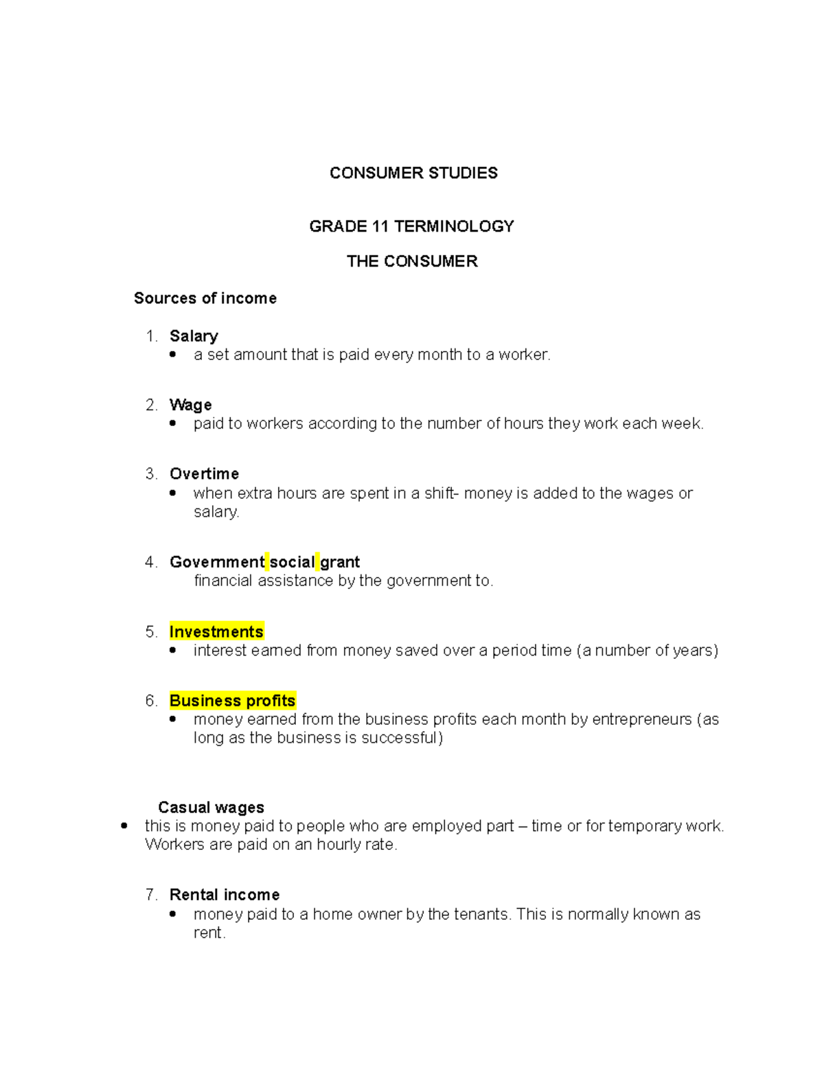 Grade 11 Consumer Studies Terminology: Income, Expenditure & Nutrition ...