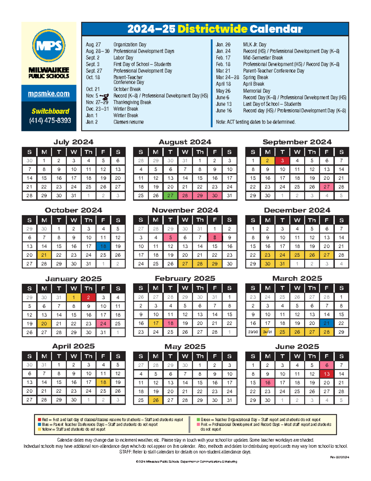 Milwaukee Public Schools Districtwide Calendar 2024-25 - Studocu