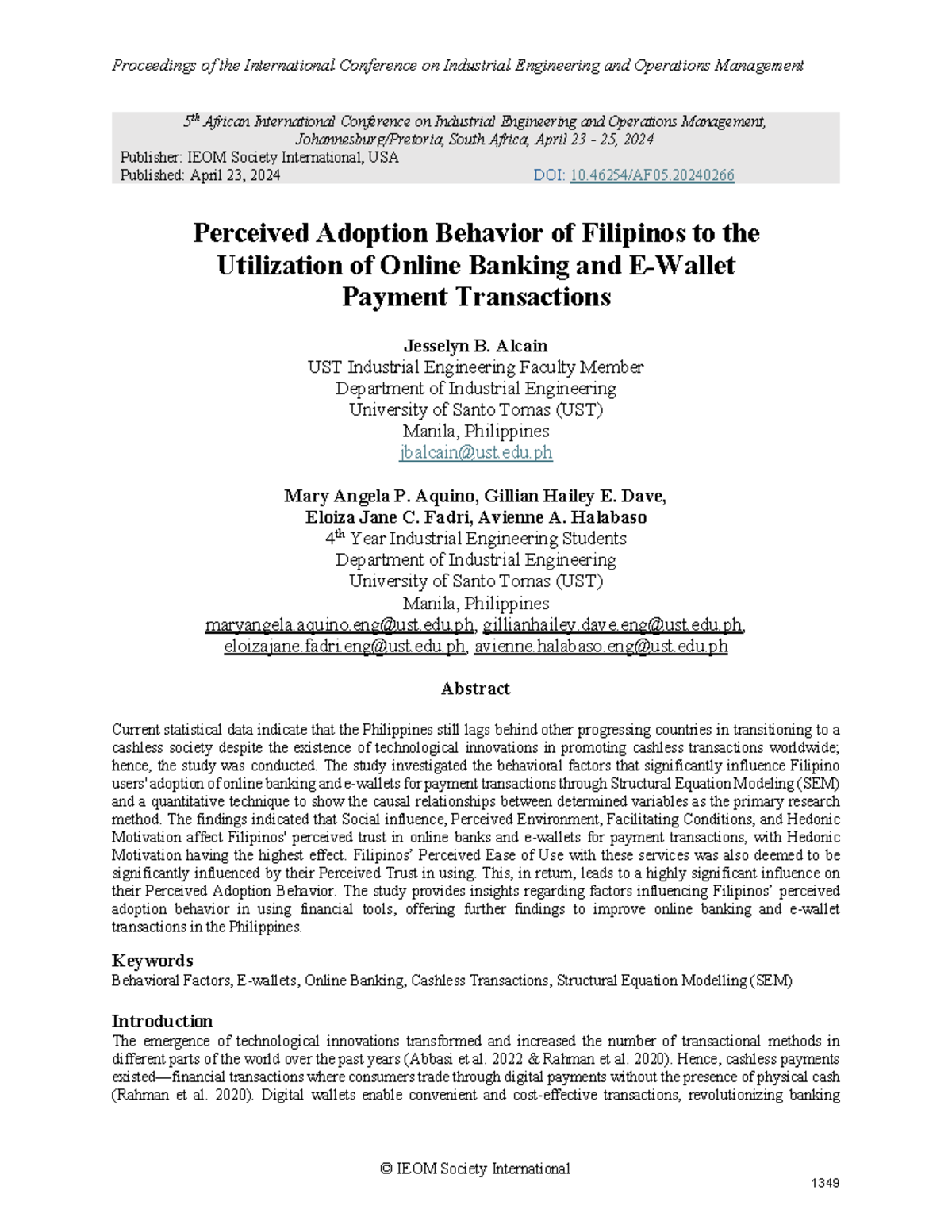 IEOM 2024: Factors Influencing Online Banking Adoption in the ...