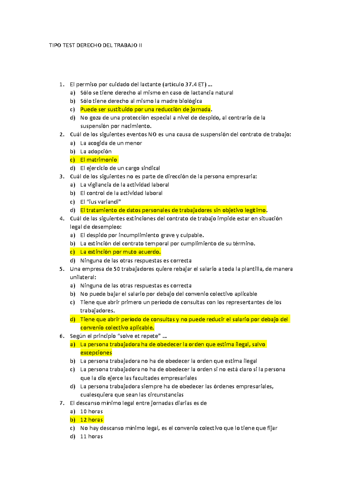 TIPO TEST Derecho del Trabajo II - Preguntas y Respuestas Examen - Studocu
