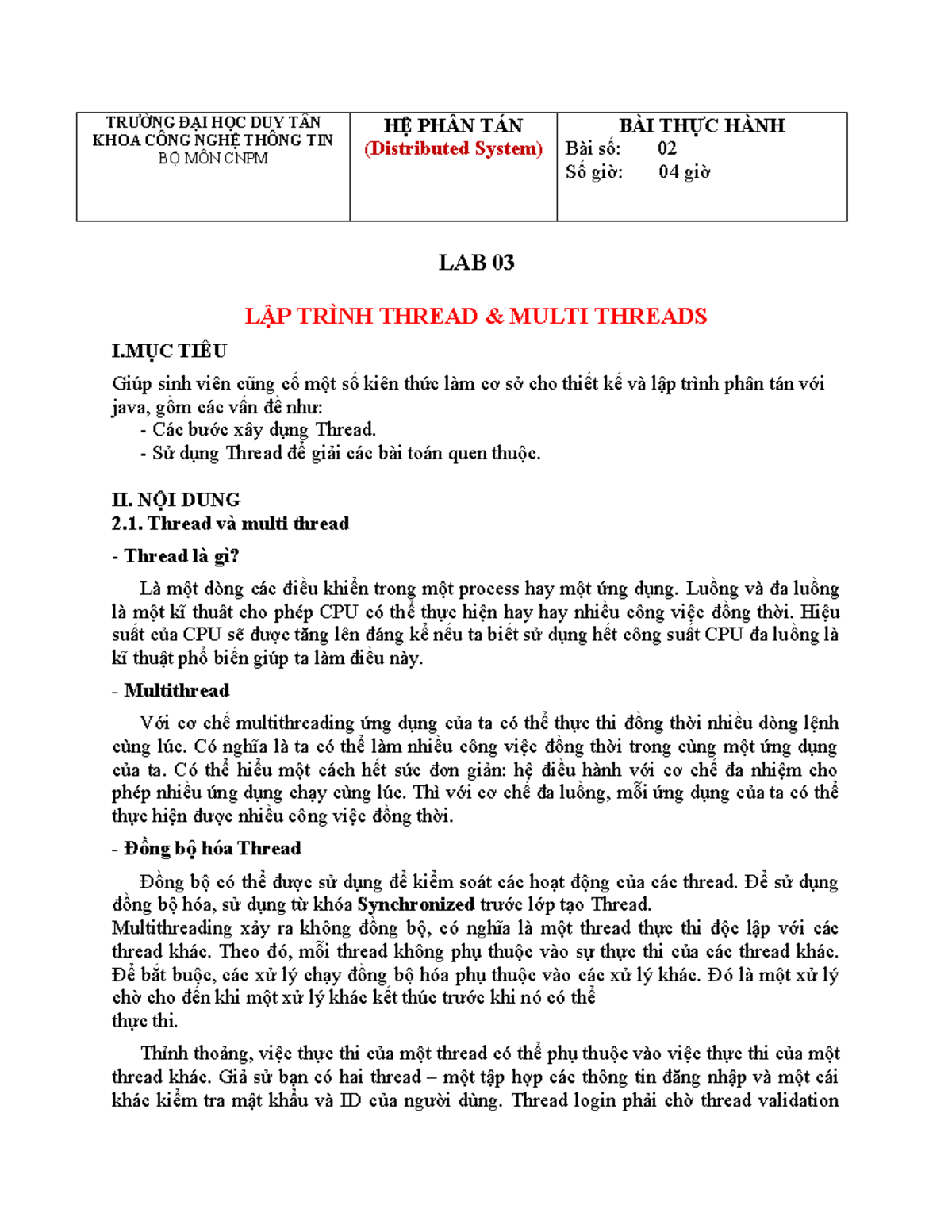 Lab 03: Lập Trình Thread & Multi Threads (4g) - Studocu