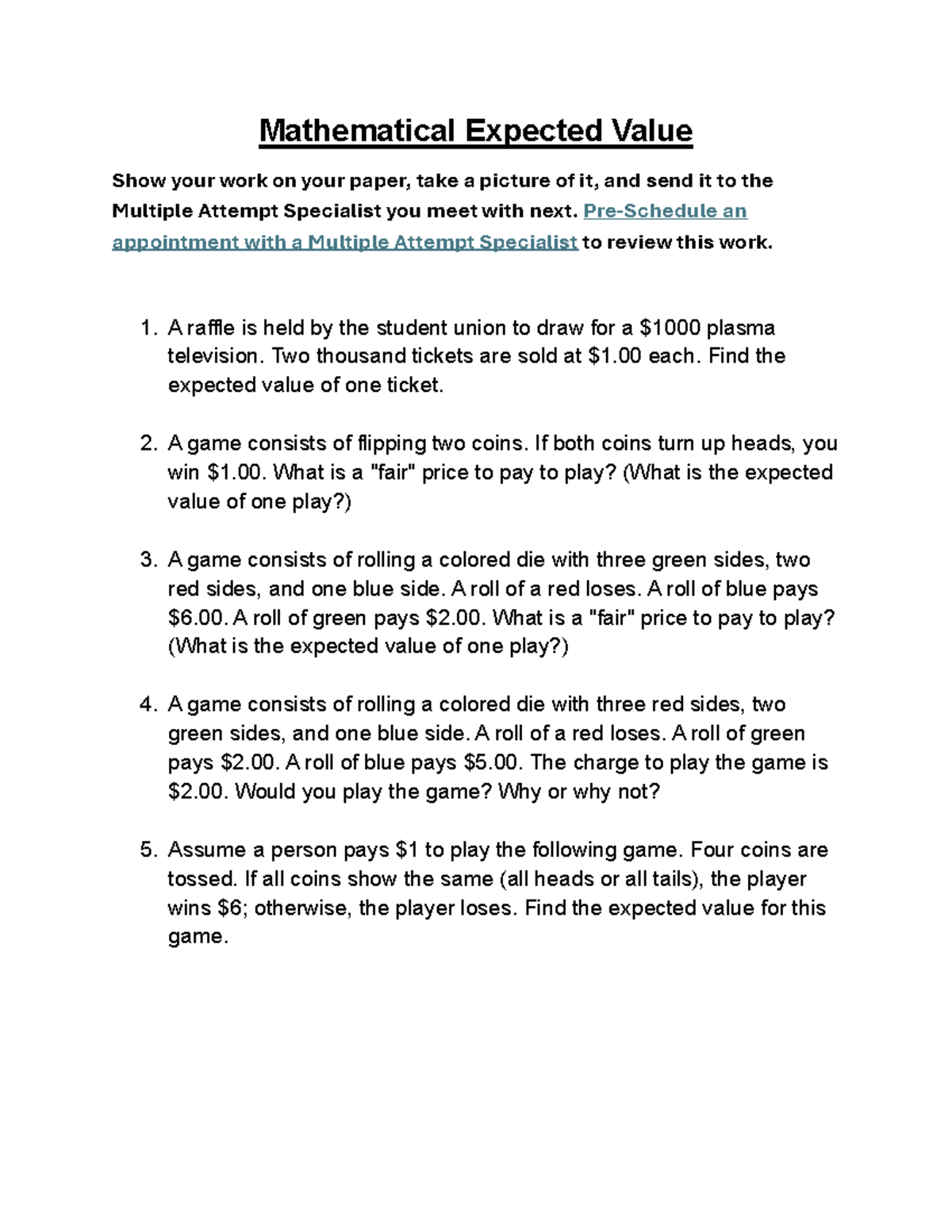 Expected Value Practice for Math 101: Raffle & Games Analysis - Studocu