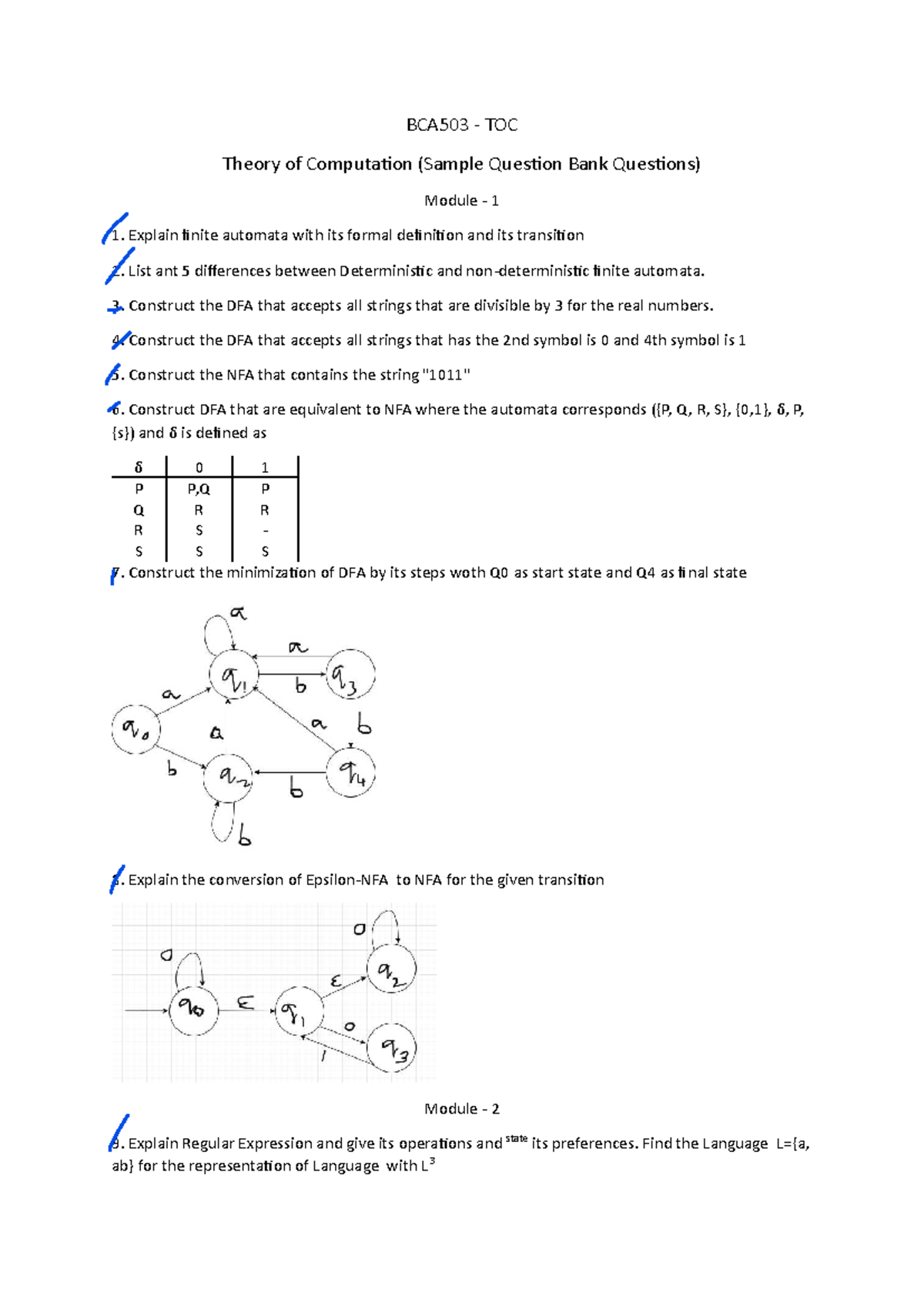 BCA503 TOC Theory of Computation - Sample Question Bank - Studocu