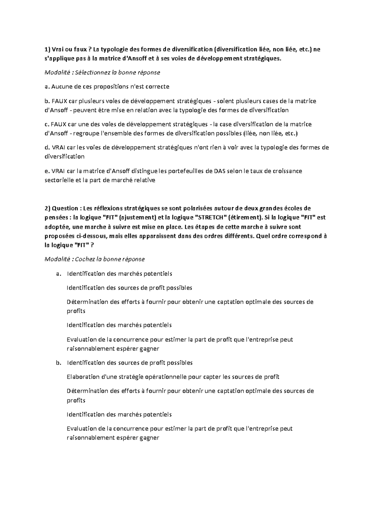 QCM Examen janvier 2021 - Stratégies et Matrices de Décision - Studocu