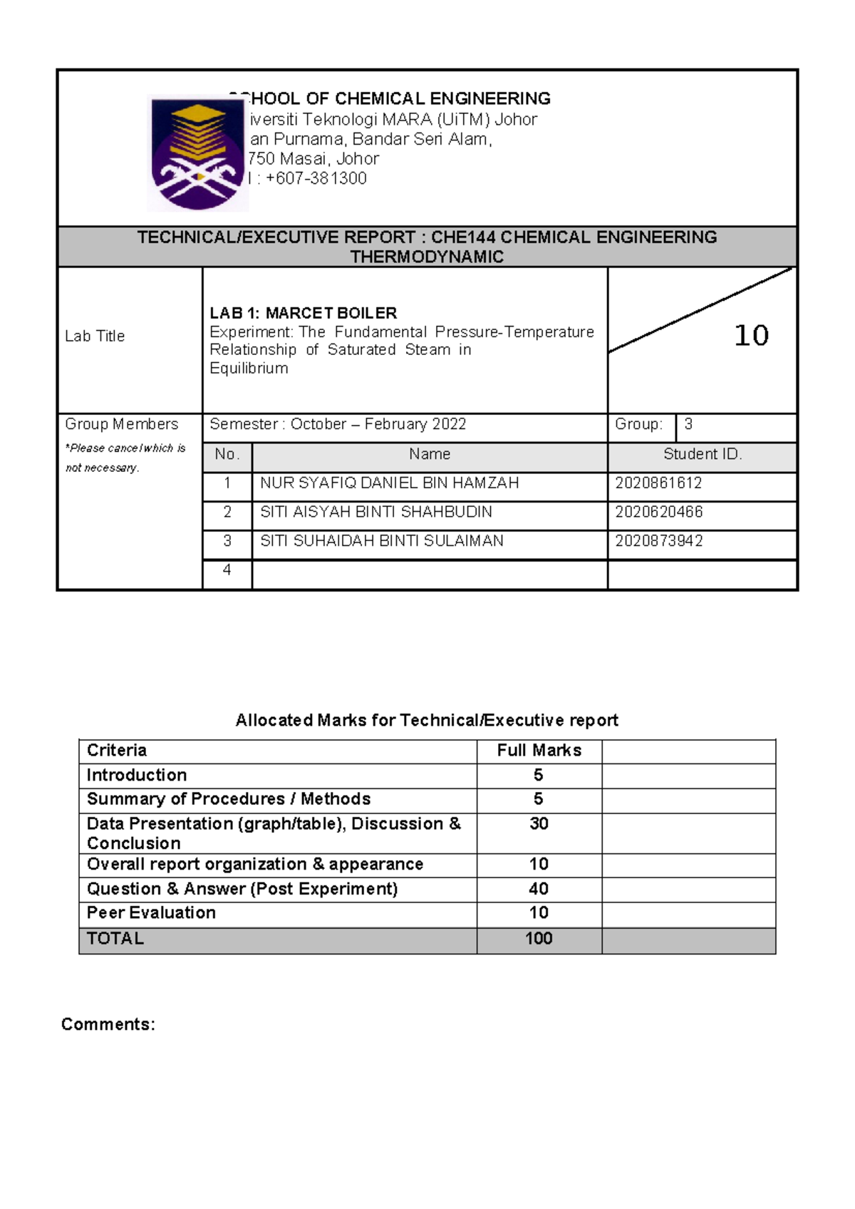CHE144 Lab Report: Marcet Boiler Experiment on Saturated Steam - Studocu