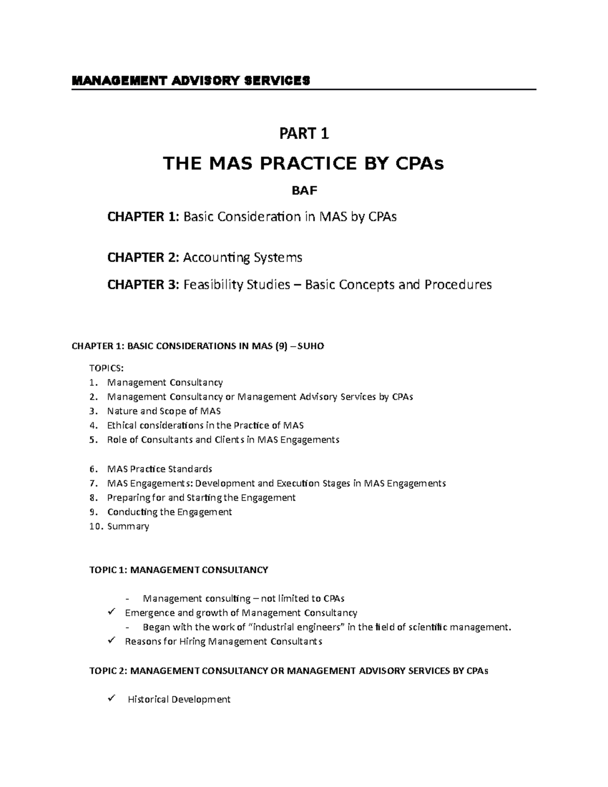 MAS PART 1 - Chapter 1 - MAS PART 1 LECTURE NOTES - MANAGEMENT ADVISORY ...