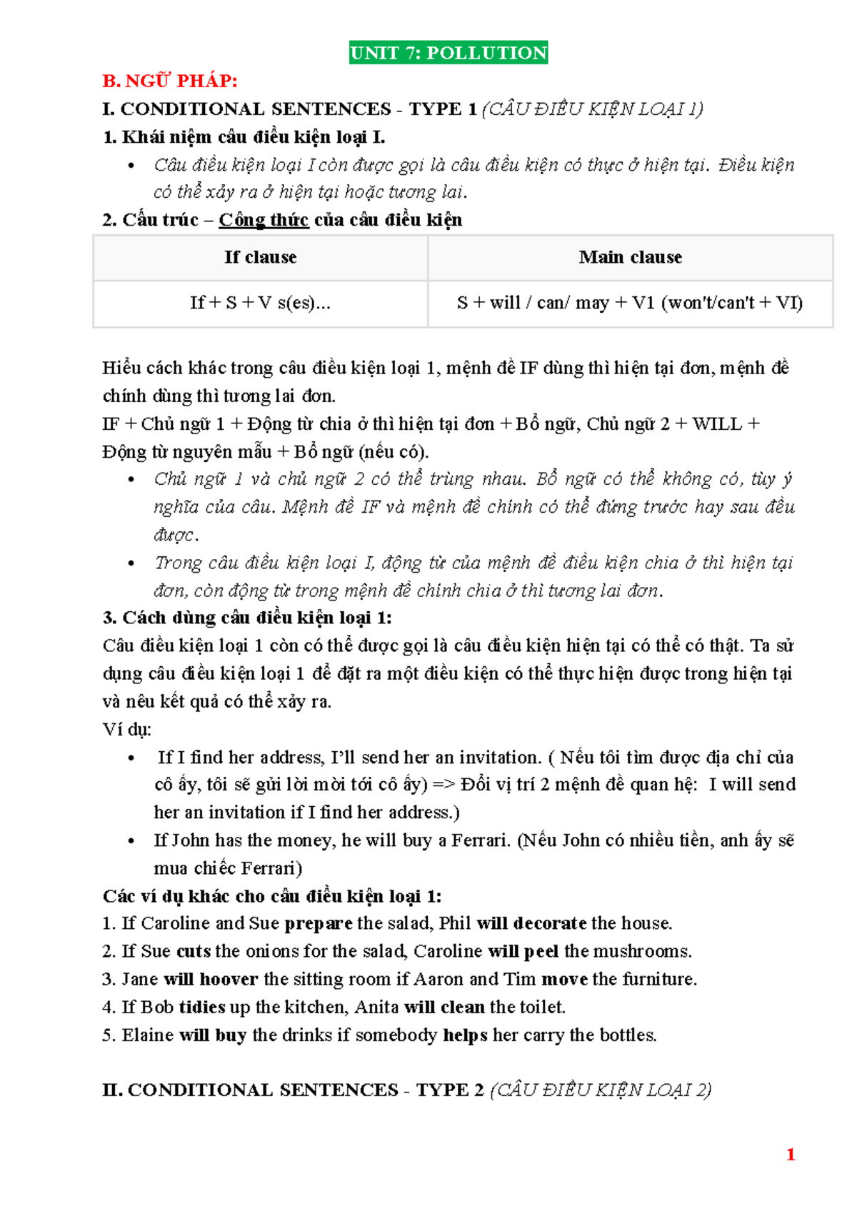 UNIT 7: POLLUTION - CONDITIONAL SENTENCES & EXERCISES - Studocu