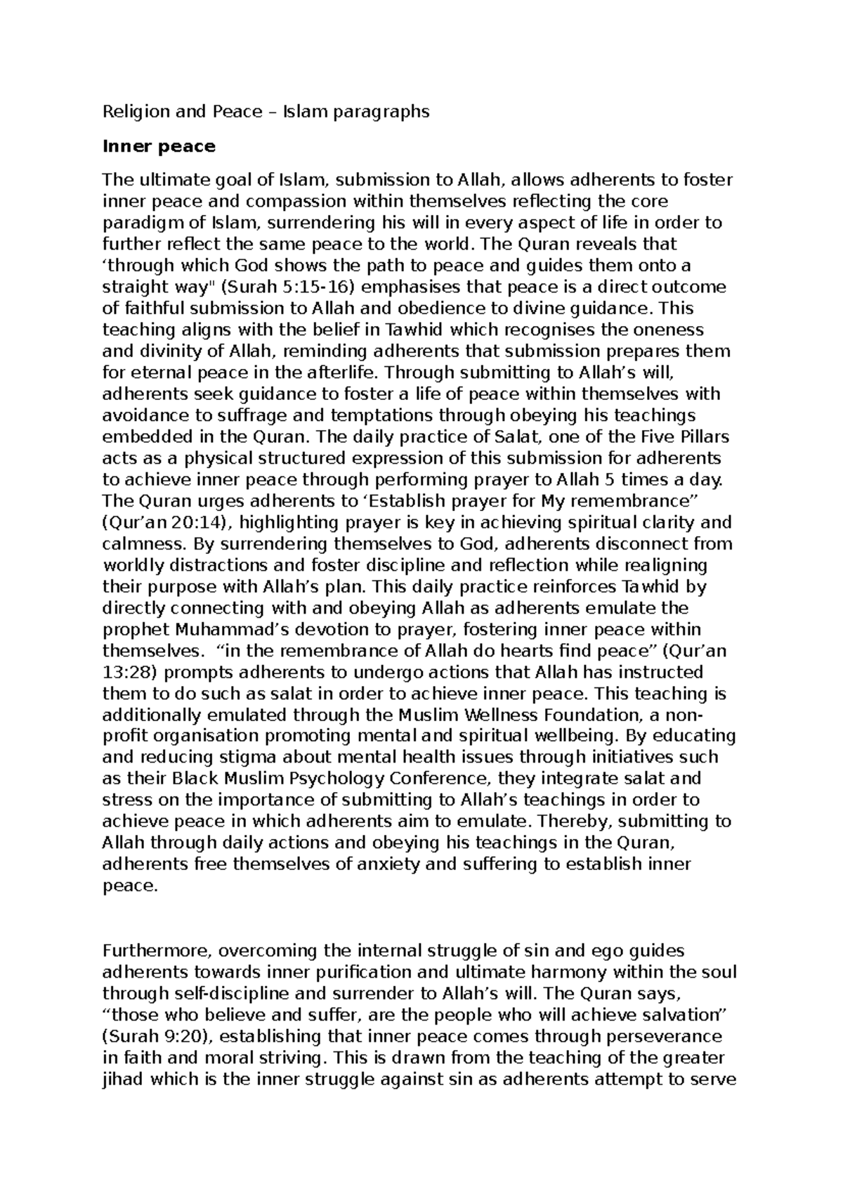 Islam and Peace: Inner Harmony and Global Unity - Studocu