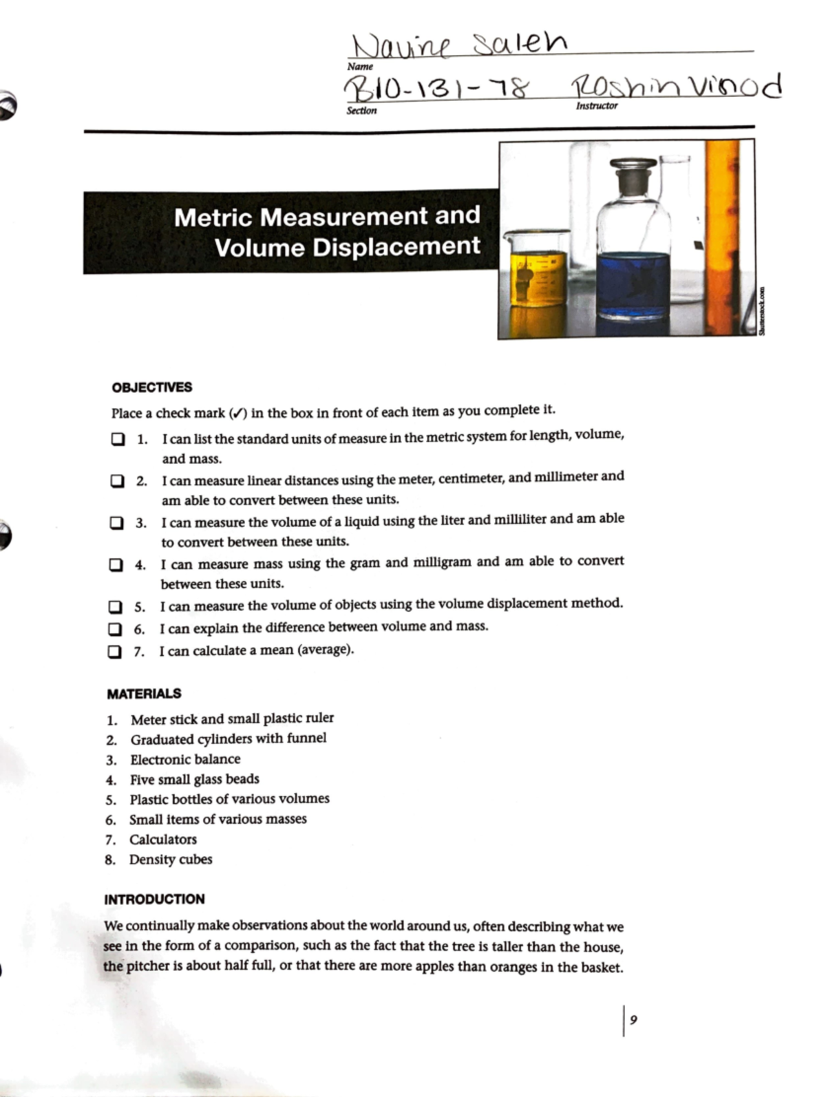 Metric Measurements and Volume Displacement Lab - Name 1b ,o- ,'3 ...