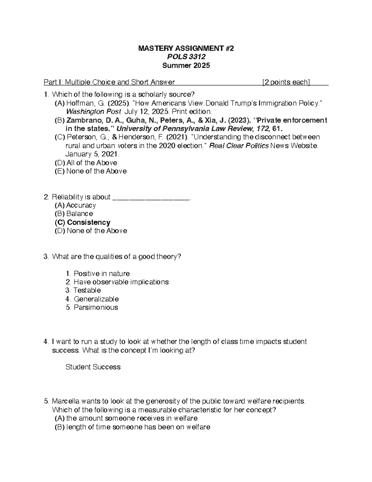 Mastery Assignment POLS 3312 Summer 2025: Multiple Choice & Short ...