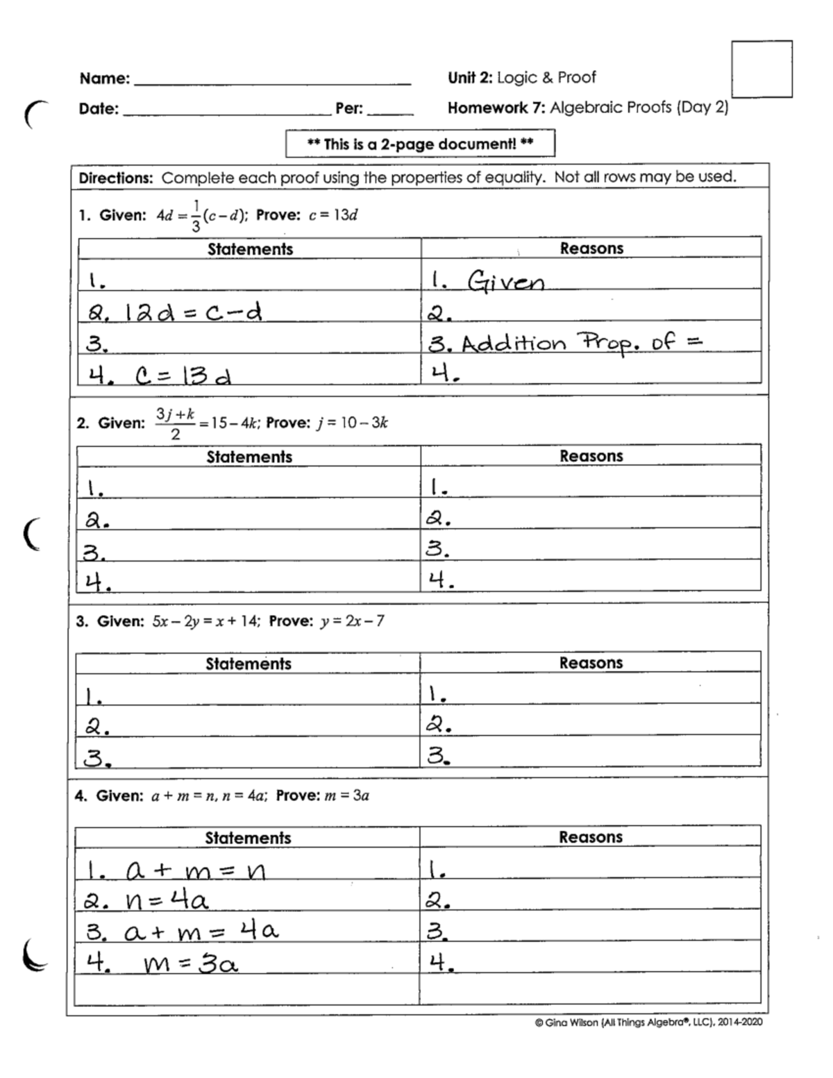 Unit 2: HW 7 - Algebraic Proofs & Logic Proofs - Studocu