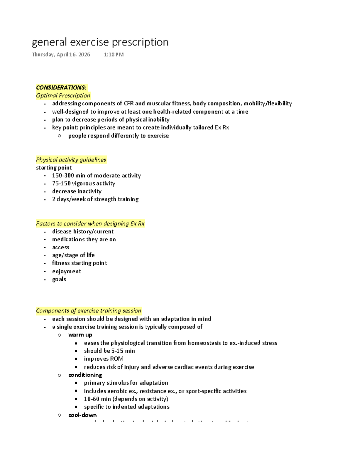 General Exercise Prescription Guidelines - Studocu
