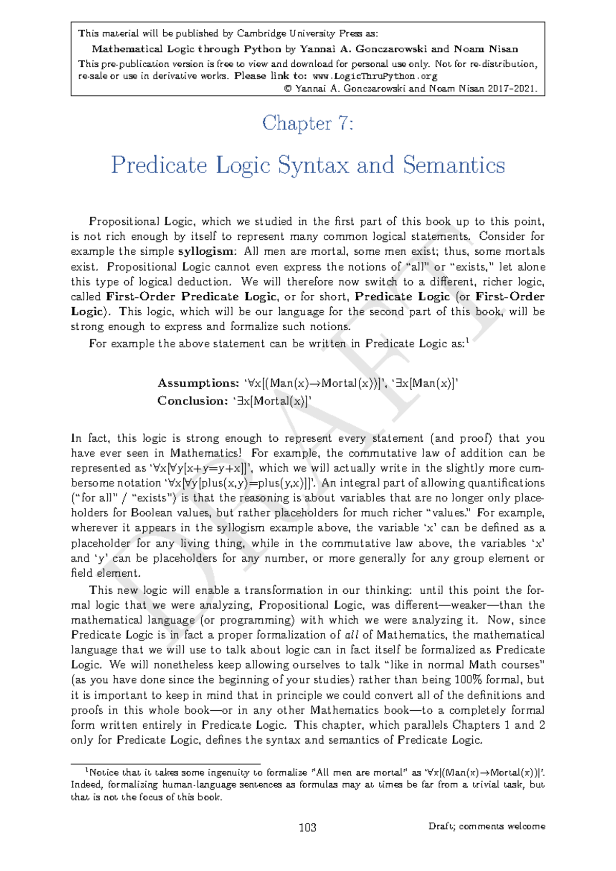 Chapter 7: Predicate Logic Syntax and Semantics - Mathematical Logic ...