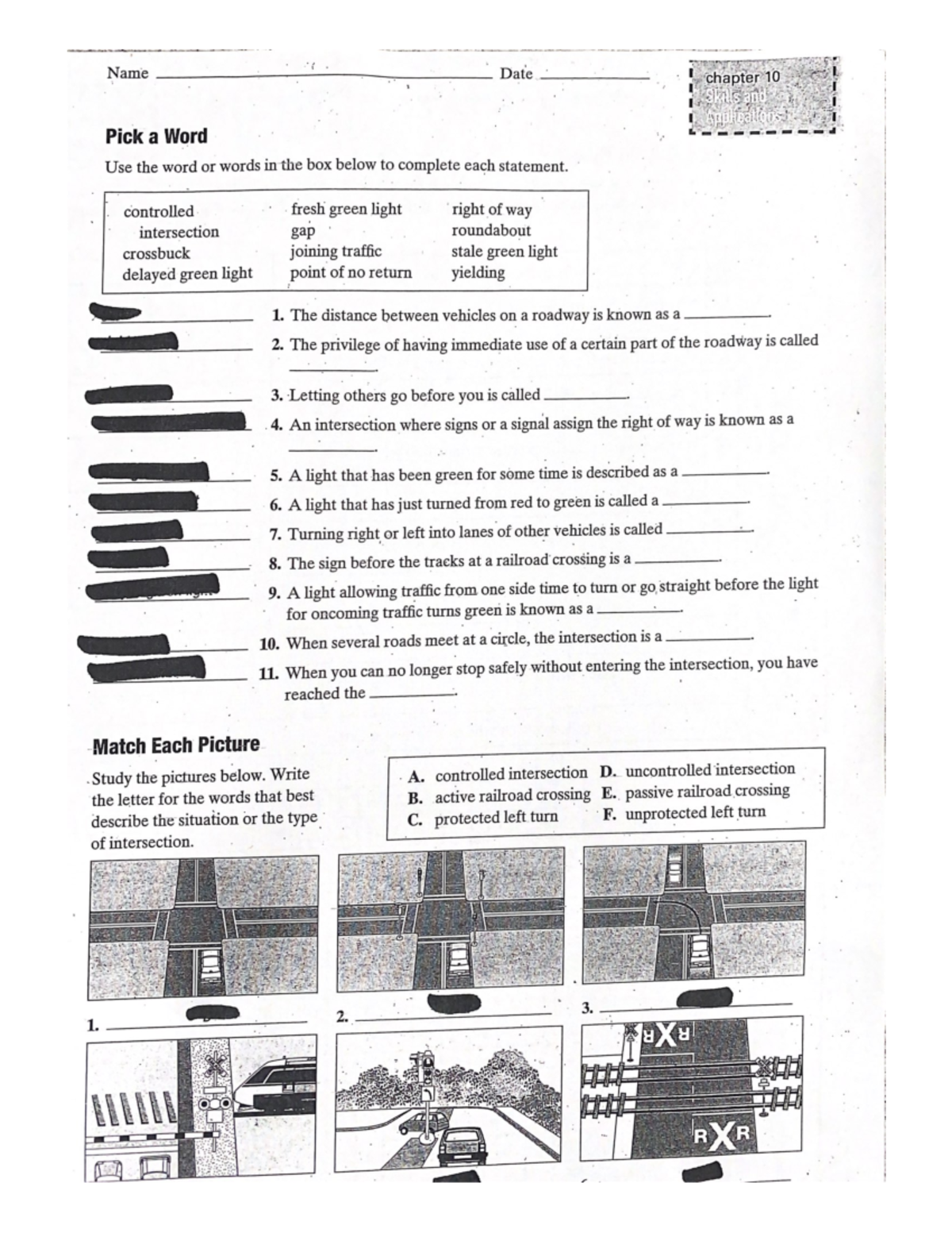Drivers Ed CH 10 Worksheet: Intersection Concepts & Terms - Studocu