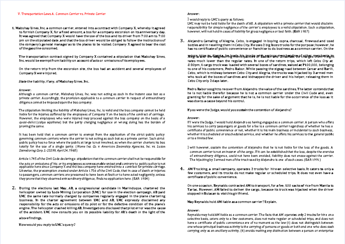 Transportation Law Case Studies (LAW 101): Common vs. Private Carriers - Studocu