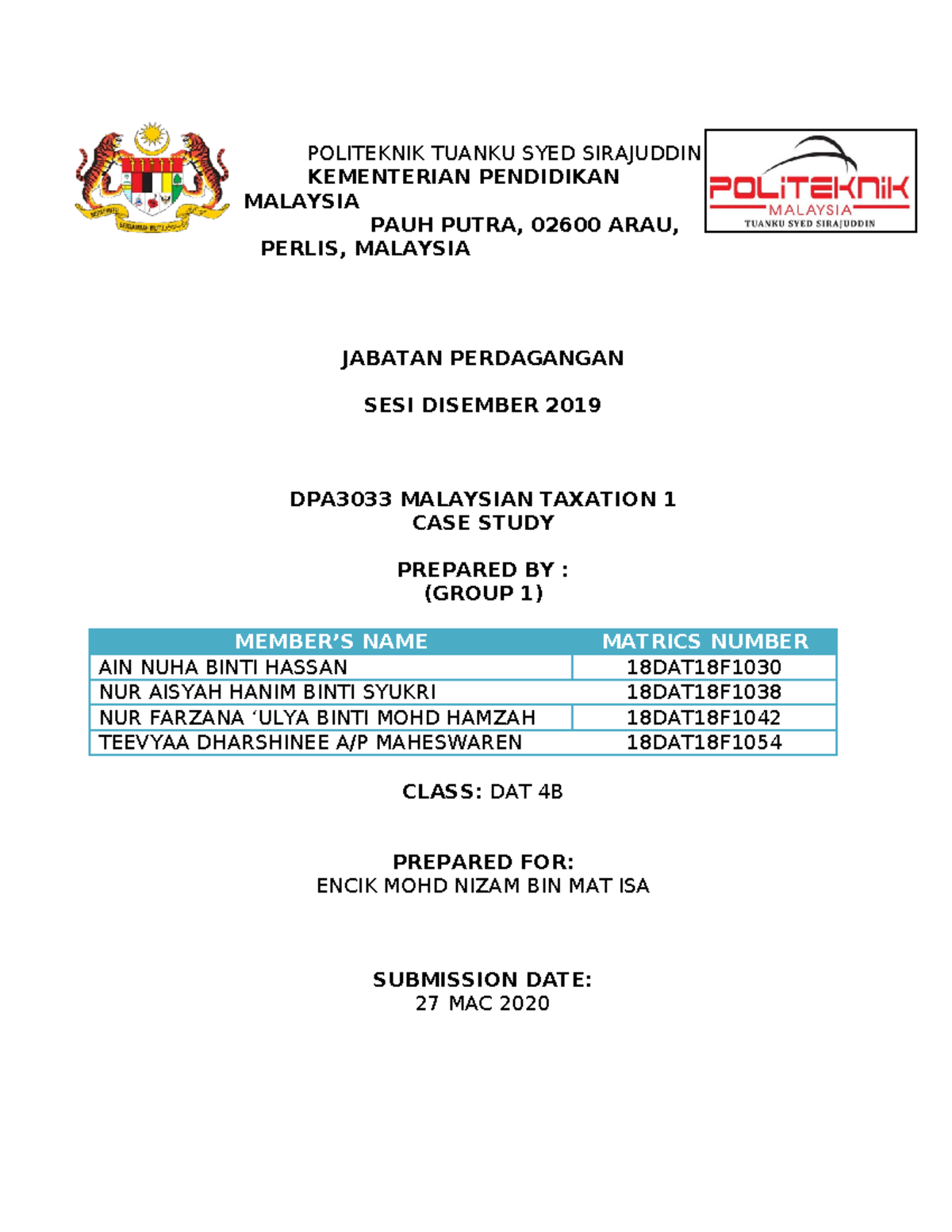 CASE Study ( Taxation) Group 2 - POLITEKNIK TUANKU SYED SIRAJUDDIN ...