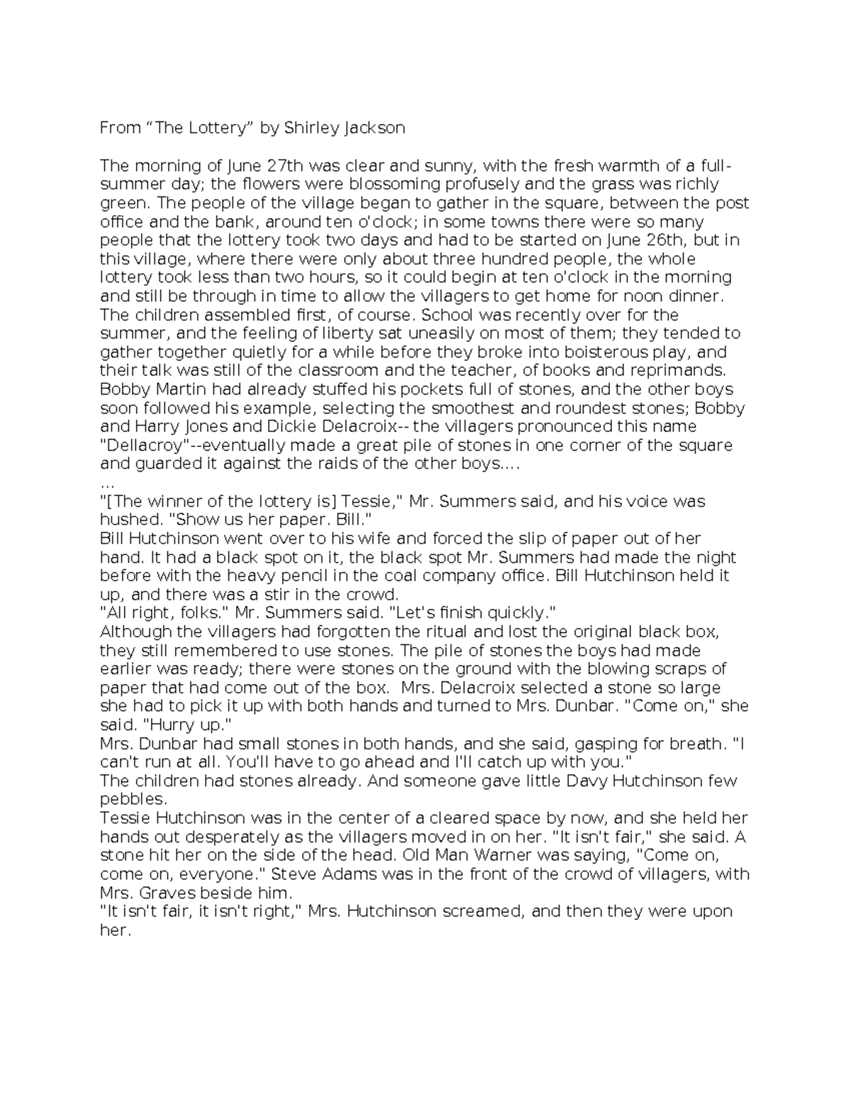 Shirley Jackson's The Lottery: In-Depth Summary & Analysis - Studocu