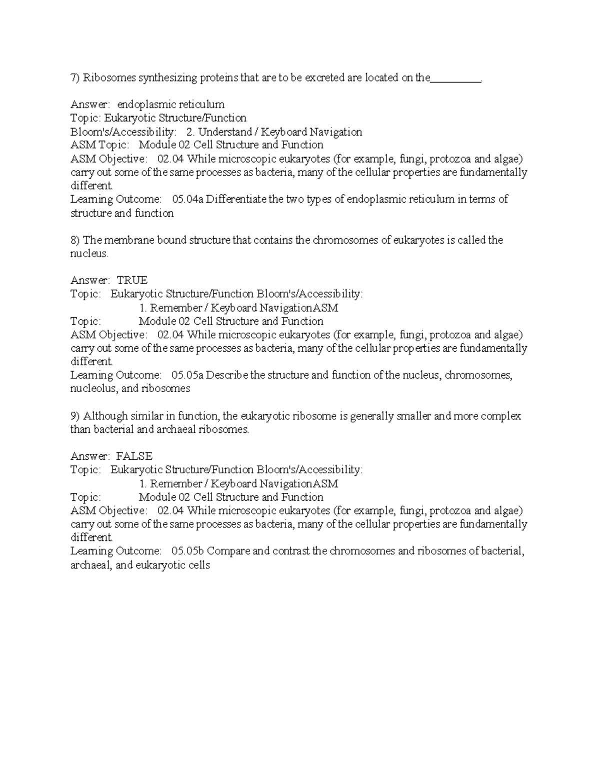 Eukaryotic Cell Structure & Function: Test Bank (ASM Module 02) - Studocu