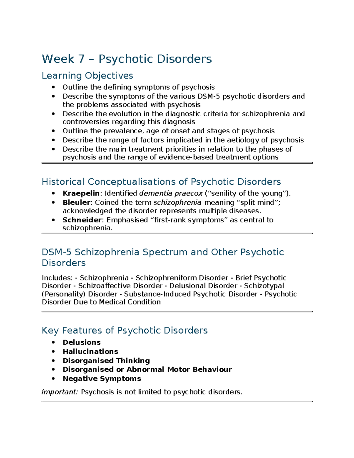Week 7: Psychotic Disorders Overview and Learning Objectives - Studocu