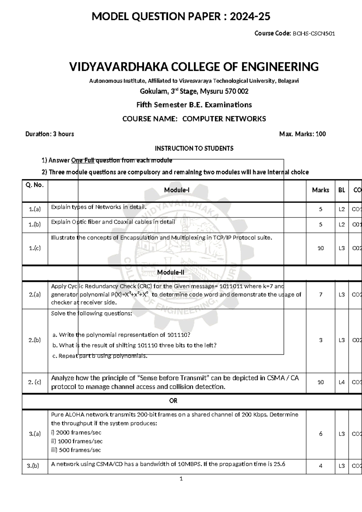 Computer Networks Model Question Paper: VIDYAVARDHAKA COLLEGE - Studocu