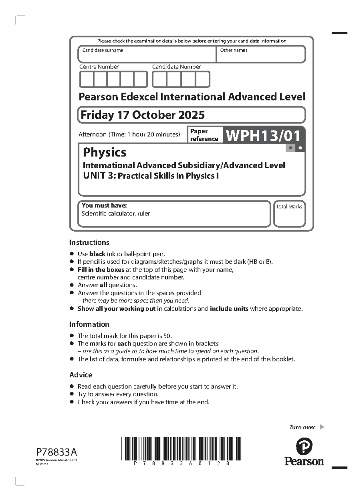 October 2025 - IAL Physics Unit 3: Practical Skills Exam Paper - Studocu