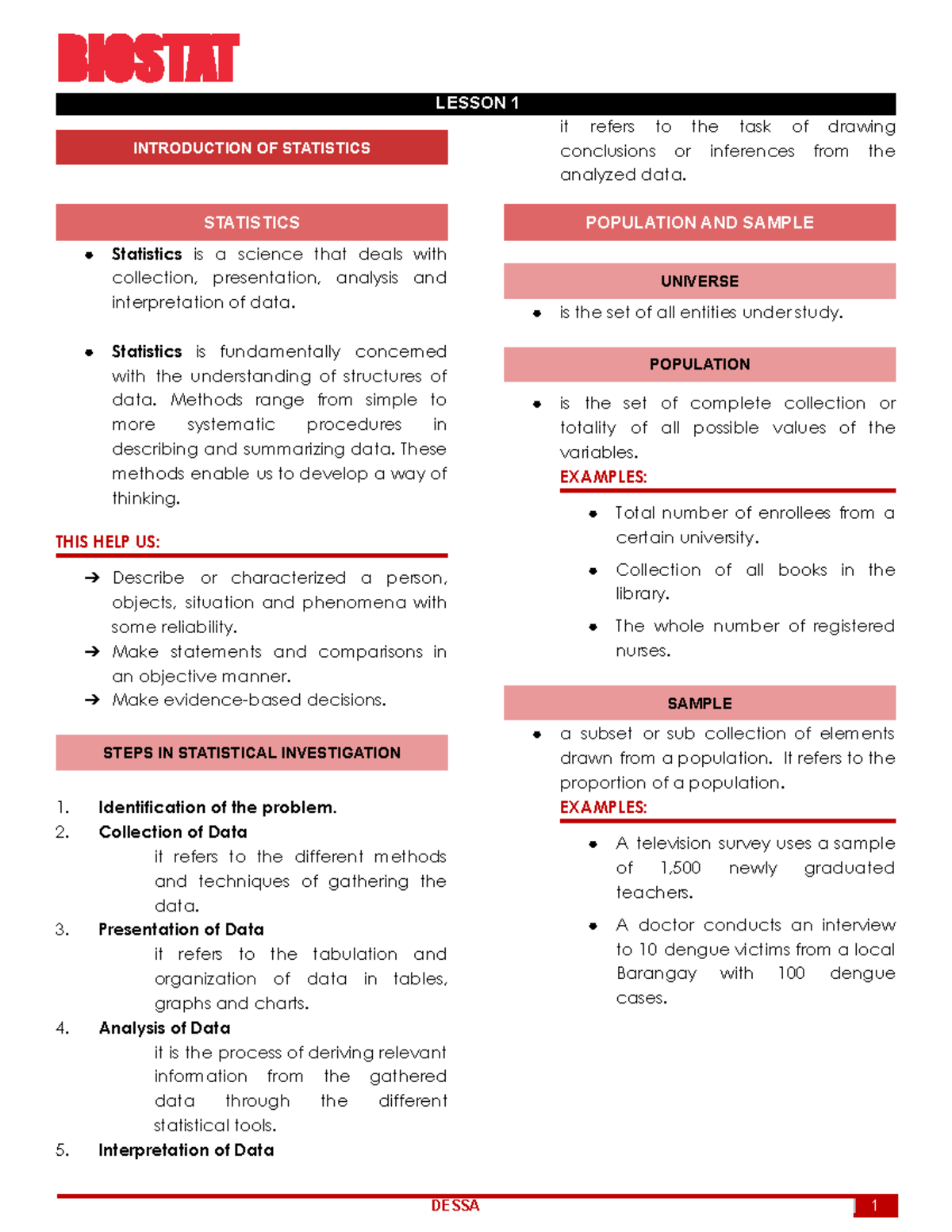 Biostatistics Lesson 1: Introduction to Population and Sample ...