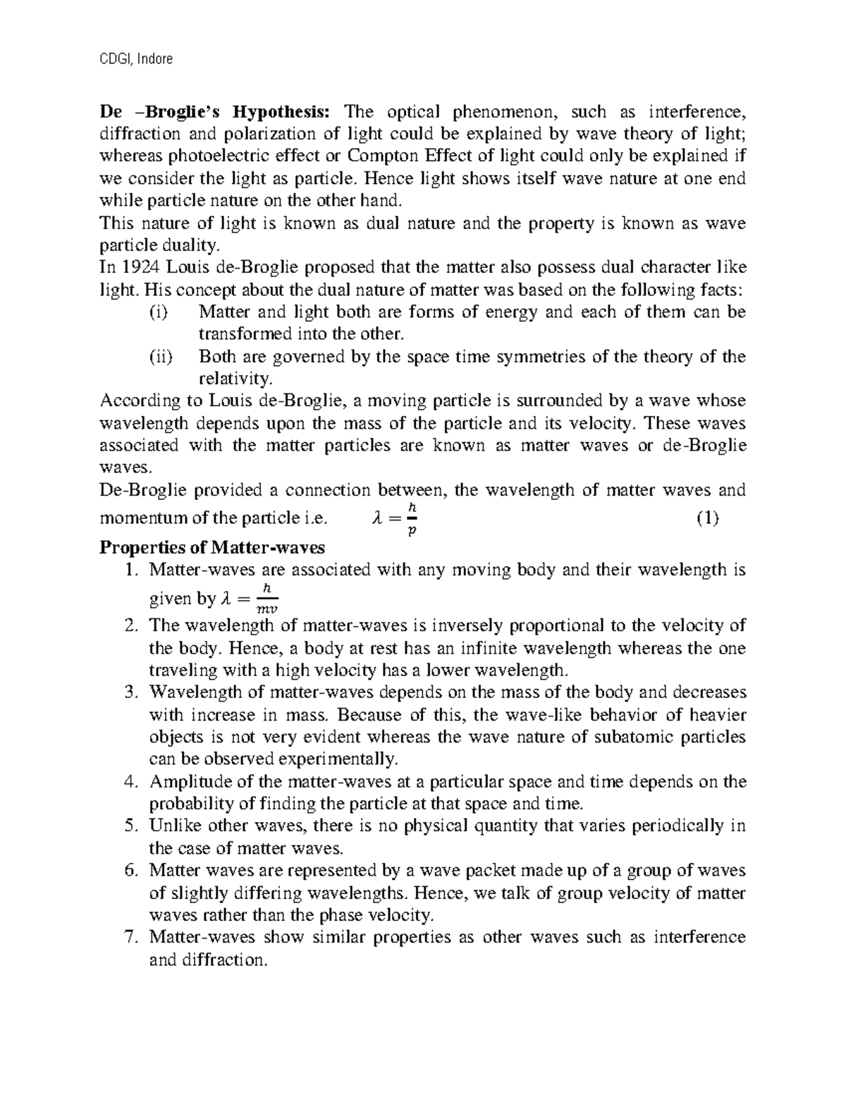 Unit I Quantum Physics - CDGI, Indore: Wave-Particle Duality ...