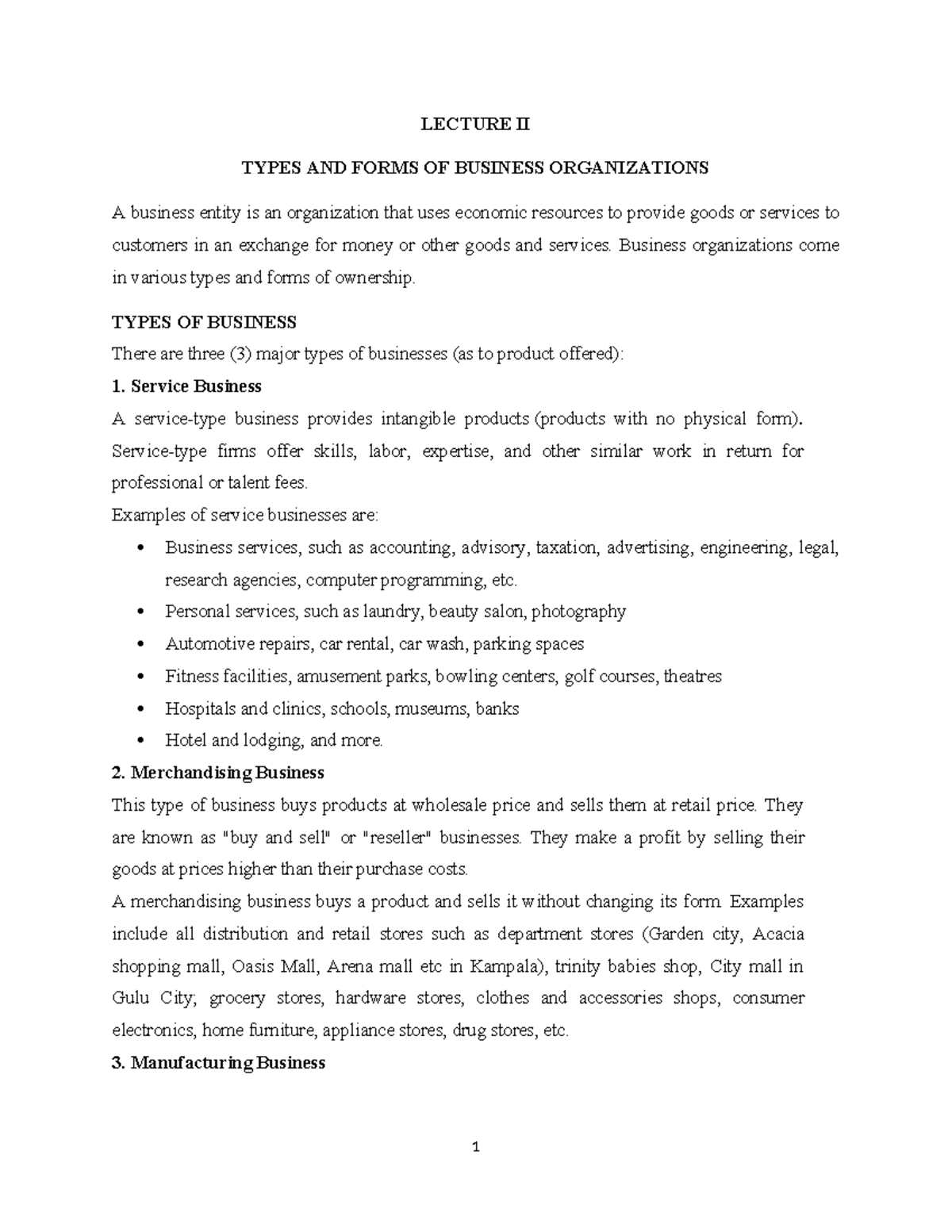 LECTURE II: TYPES & FORMS OF BUSINESS ORGANIZATIONS - Studocu