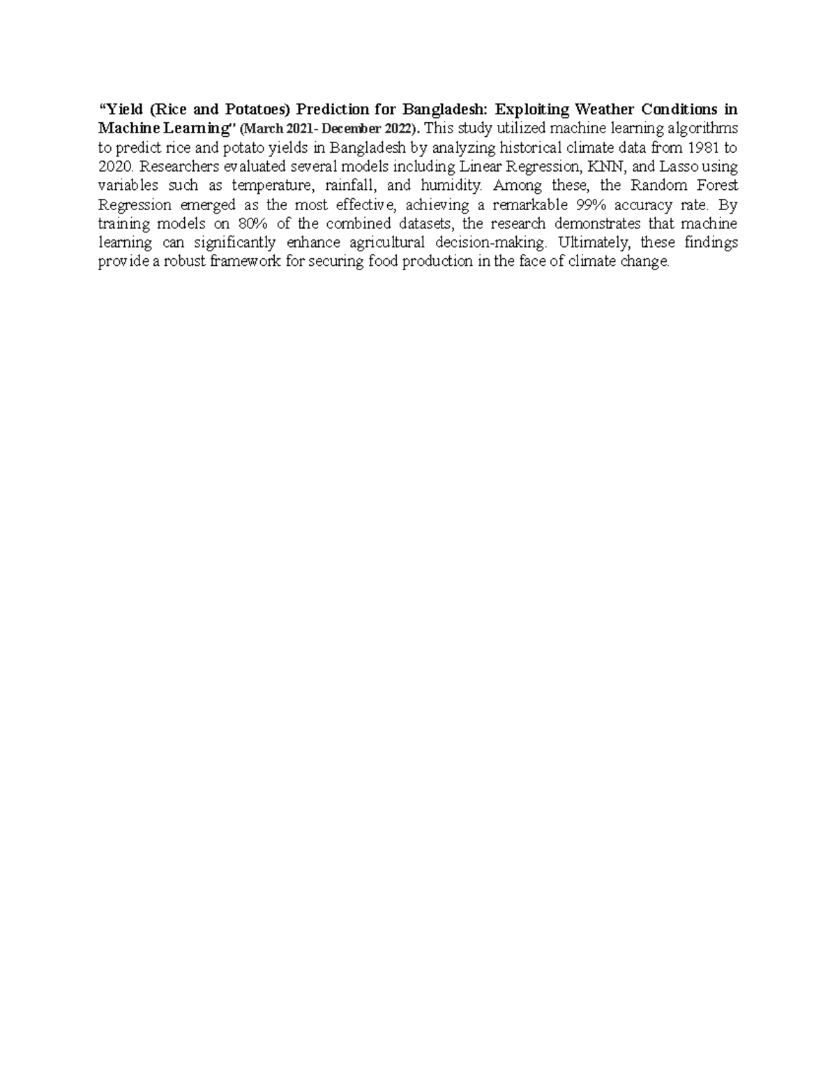 (Rice and Potatoes) ML Yield Prediction in Bangladesh: Weather Impact ...