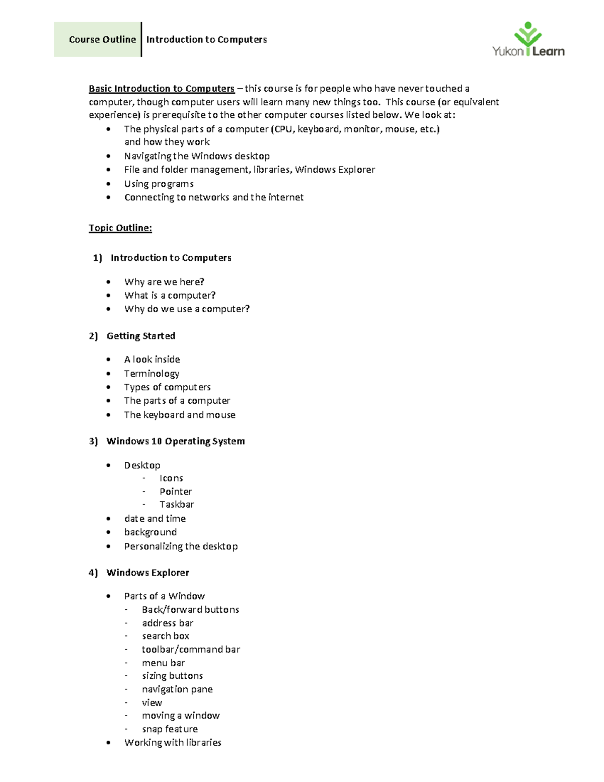 Introduction to Computers Course Outline - Course Outline Introduction ...