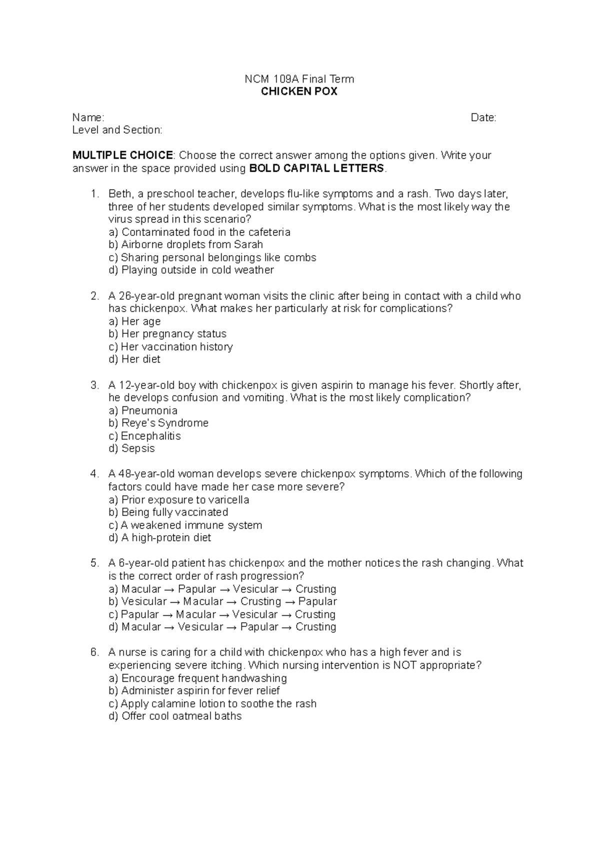 NCM 109A Chicken Pox Quiz: Multiple Choice Questions - Studocu
