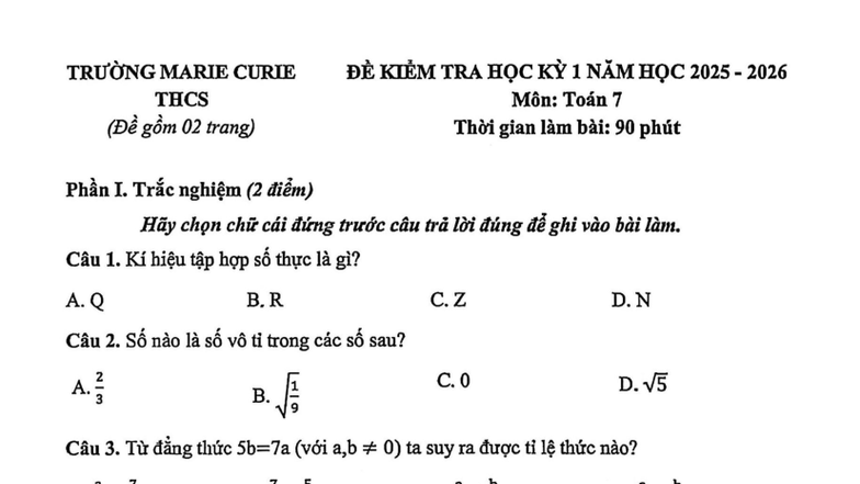 Đề Kiểm Tra Học Kỳ 1 Môn Toán 7 - Trường Marie Curie 2025-2026 - Studocu