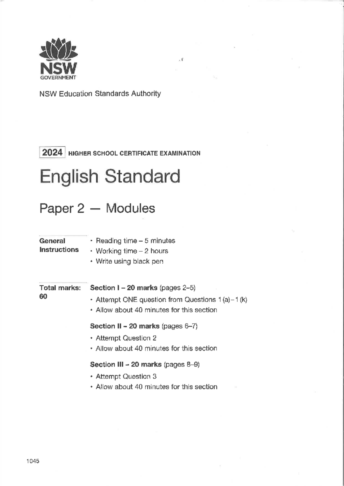 2024 HSC English Standard Exam Paper 2 Overview and Instructions - Studocu