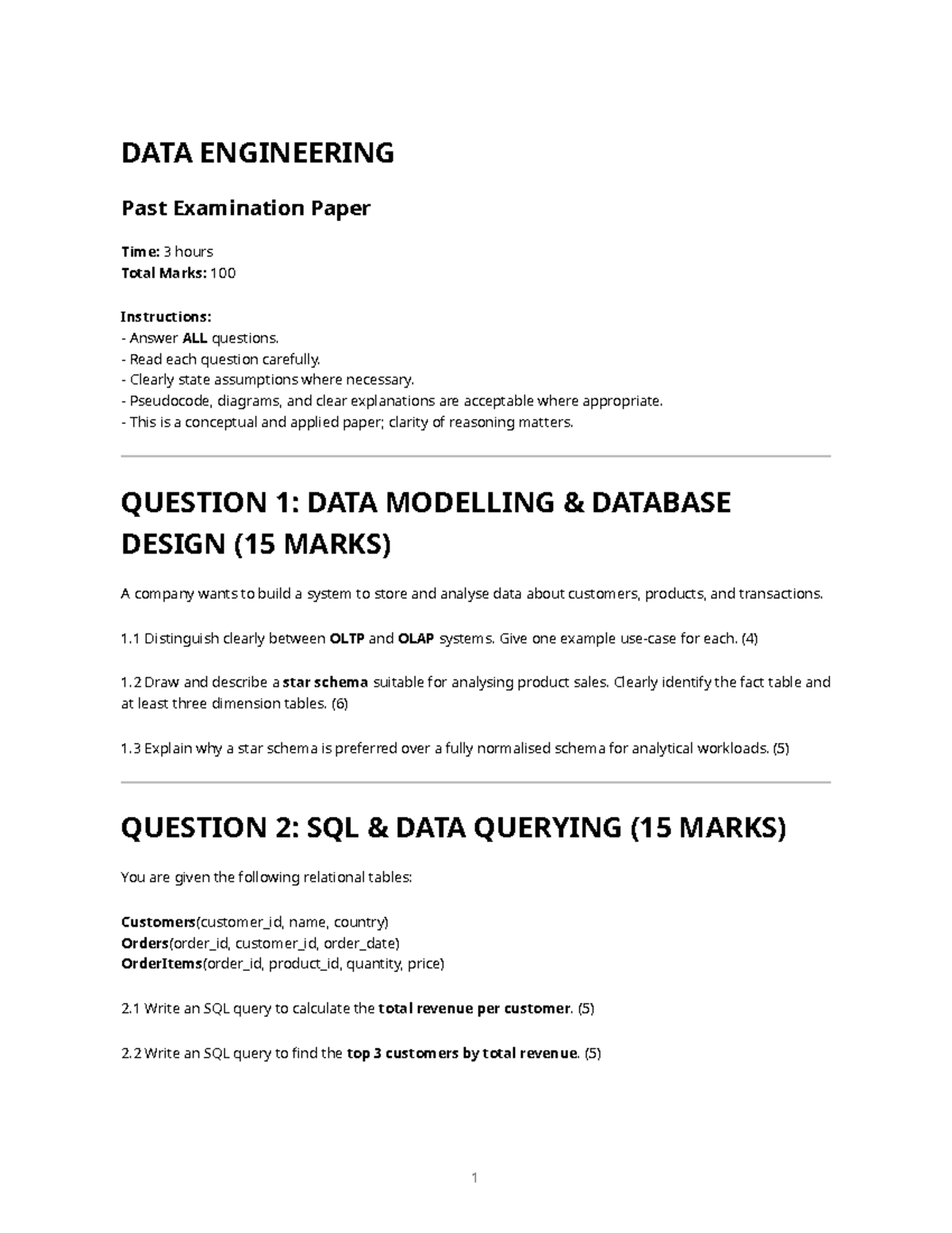 DATA ENGINEERING - Past Exam Paper (3 Hours, 100 Marks) - Studocu