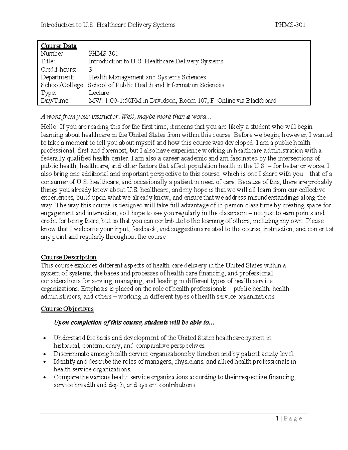 PHMS 301: Introduction to U.S. Healthcare Delivery Systems Lecture ...
