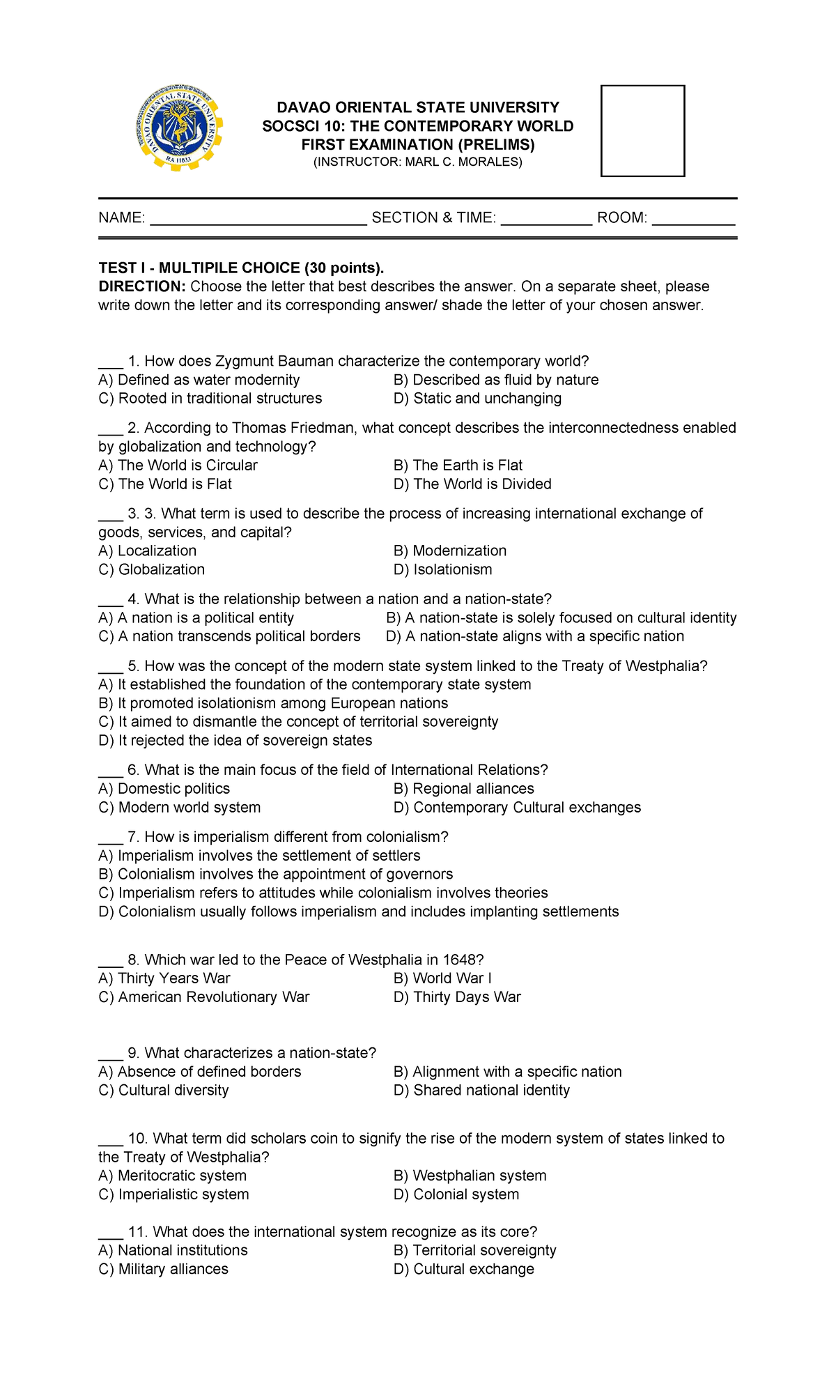 SOCSCI 10: THE CONTEMPORARY WORLD FIRST EXAMINATION (PRELIMS) - Studocu