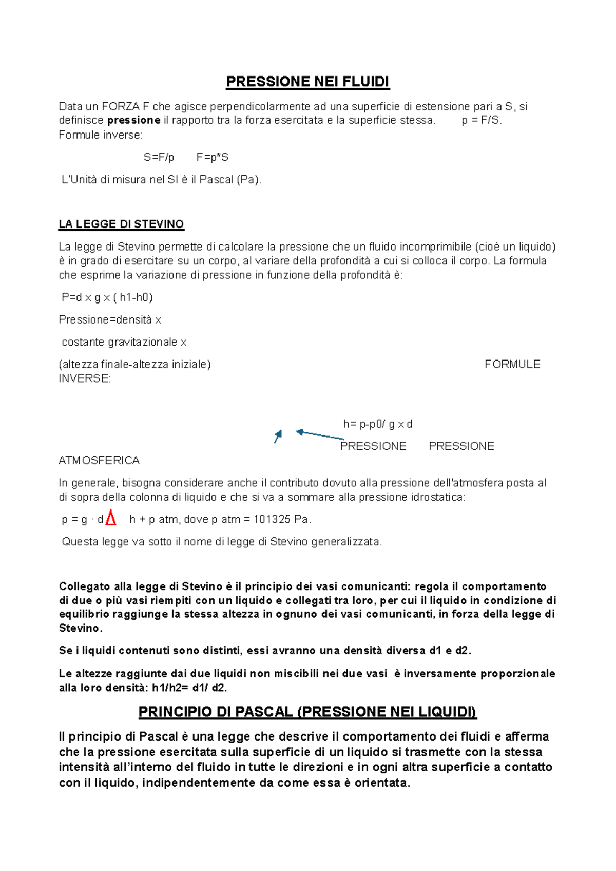 Legge di Stevino e Principio di Pascal - Fluidi e Pressione - Studocu