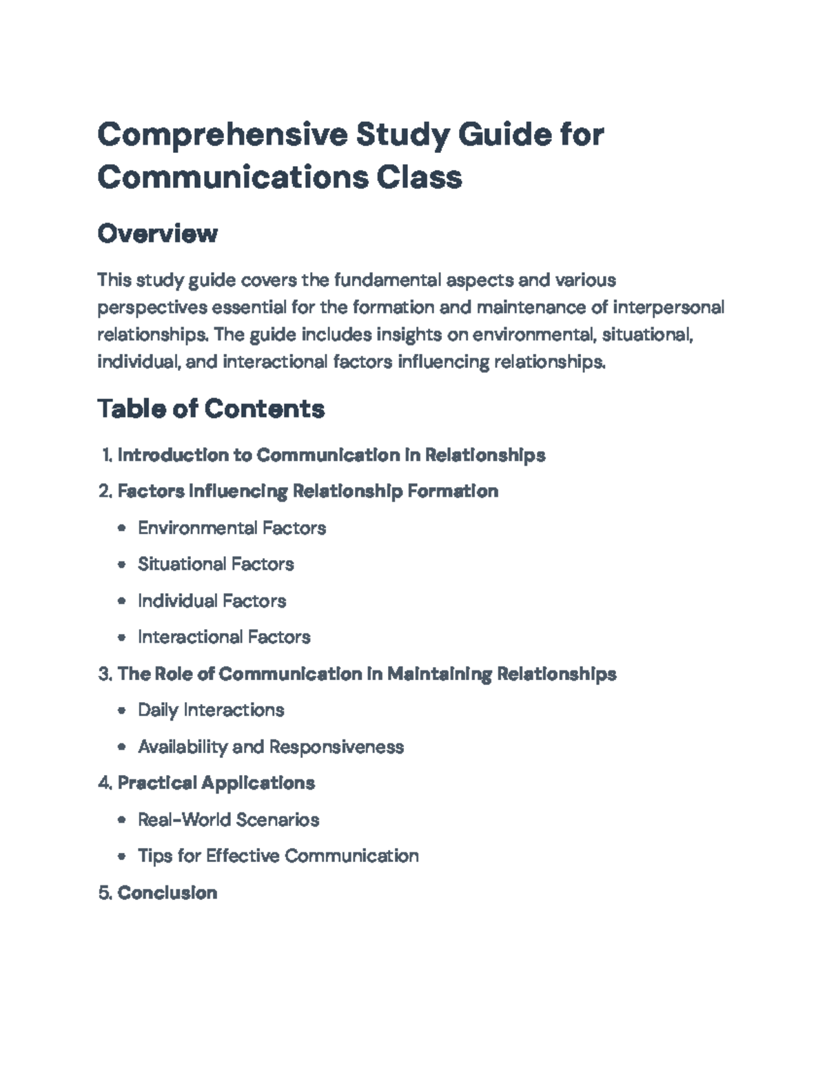 Comprehensive Study Guide for Communications Class: Relationship ...
