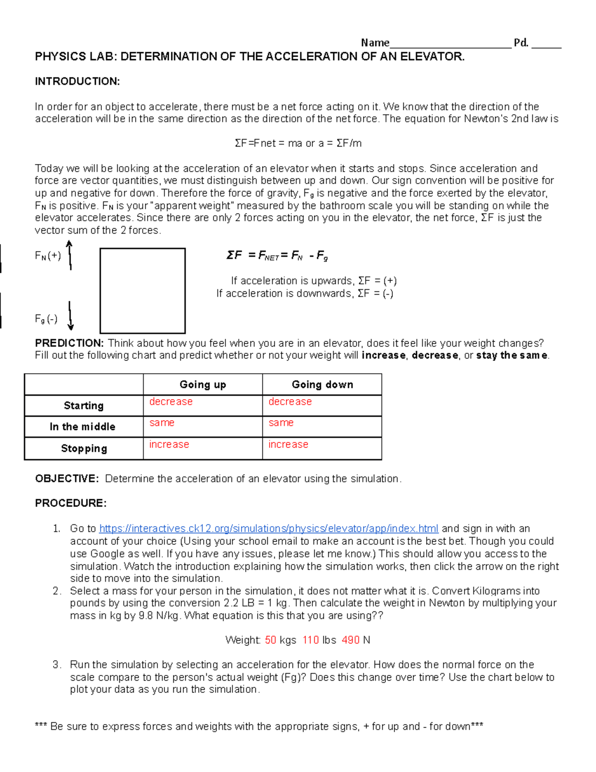 VA Elevator Lab - Name_____________________ Pd. _____ PHYSICS LAB ...