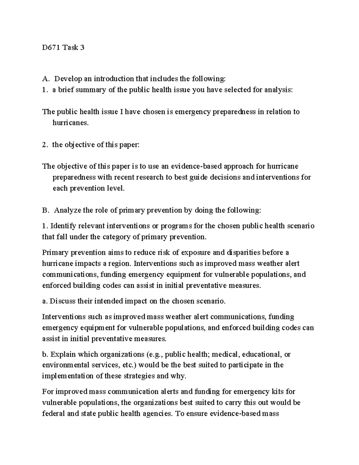D671 Task 3: Hurricane Preparedness and Public Health Interventions ...
