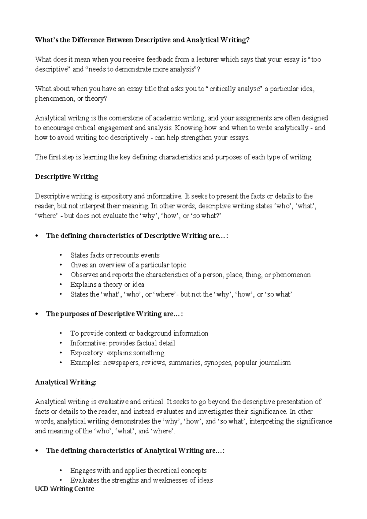 UCD Writing Centre: Differences Between Descriptive & Analytical ...