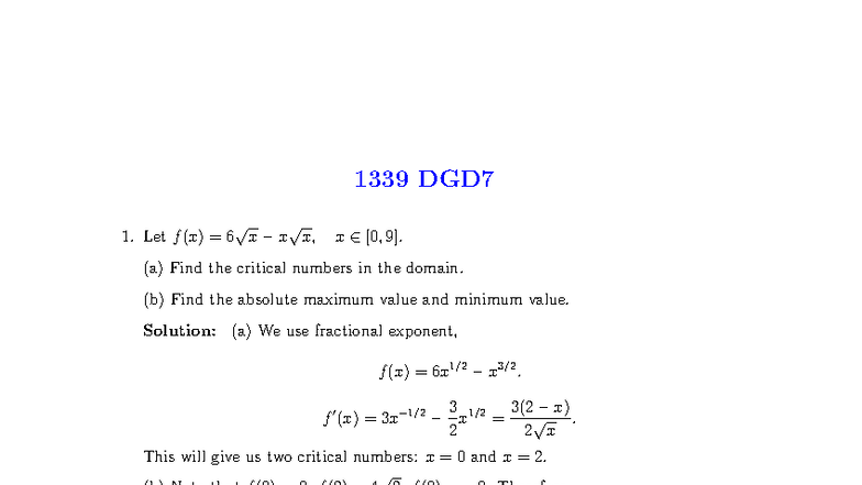 1339 DGD7 - Critical Numbers and Optimization Problems - Studocu