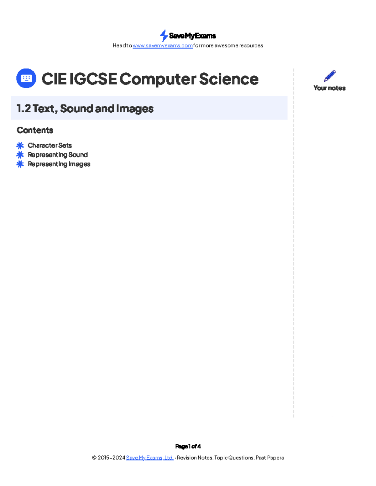 CIE IGCSE Comp Sci: Text, Sound & Images Overview & Notes - Studocu