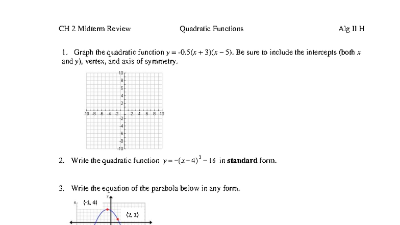 CH 2 Midterm Review: Quadratic Functions for Alg II H - Studocu