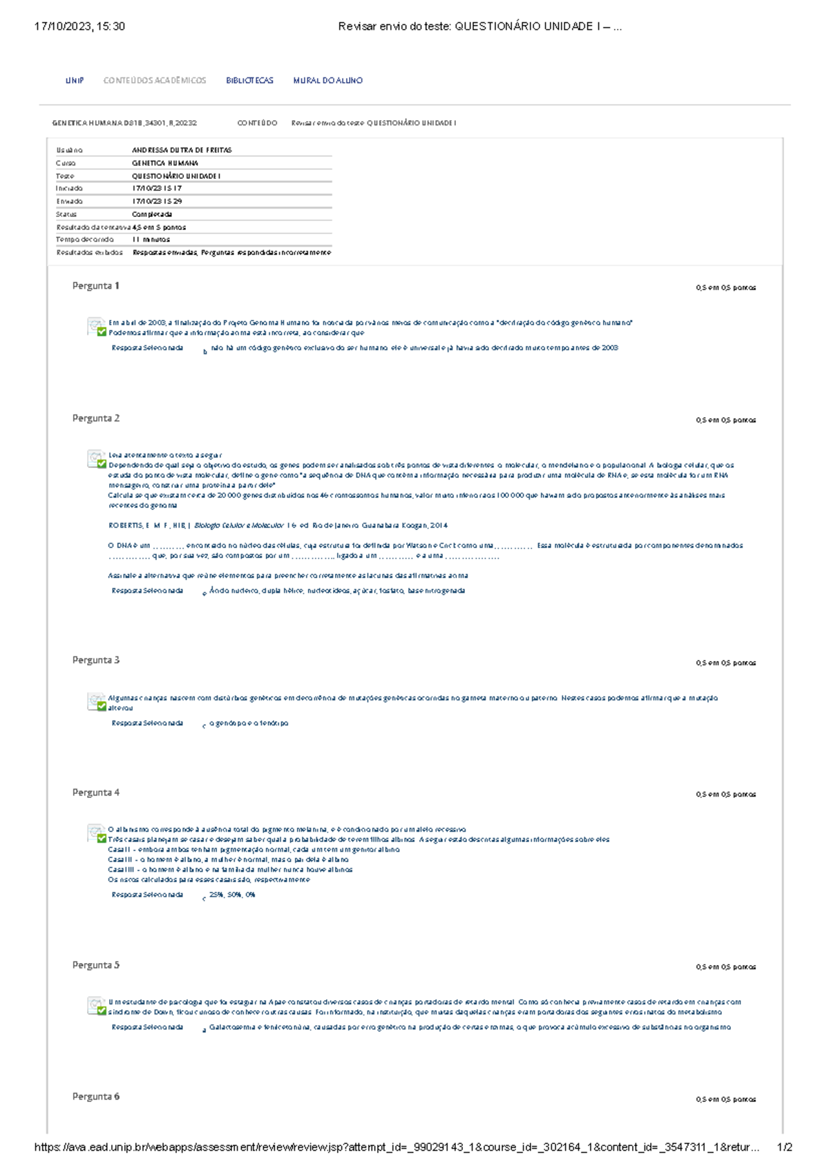 Questionário Unidade I – Genética HUMANA D81B_34301_R_20232 - Studocu