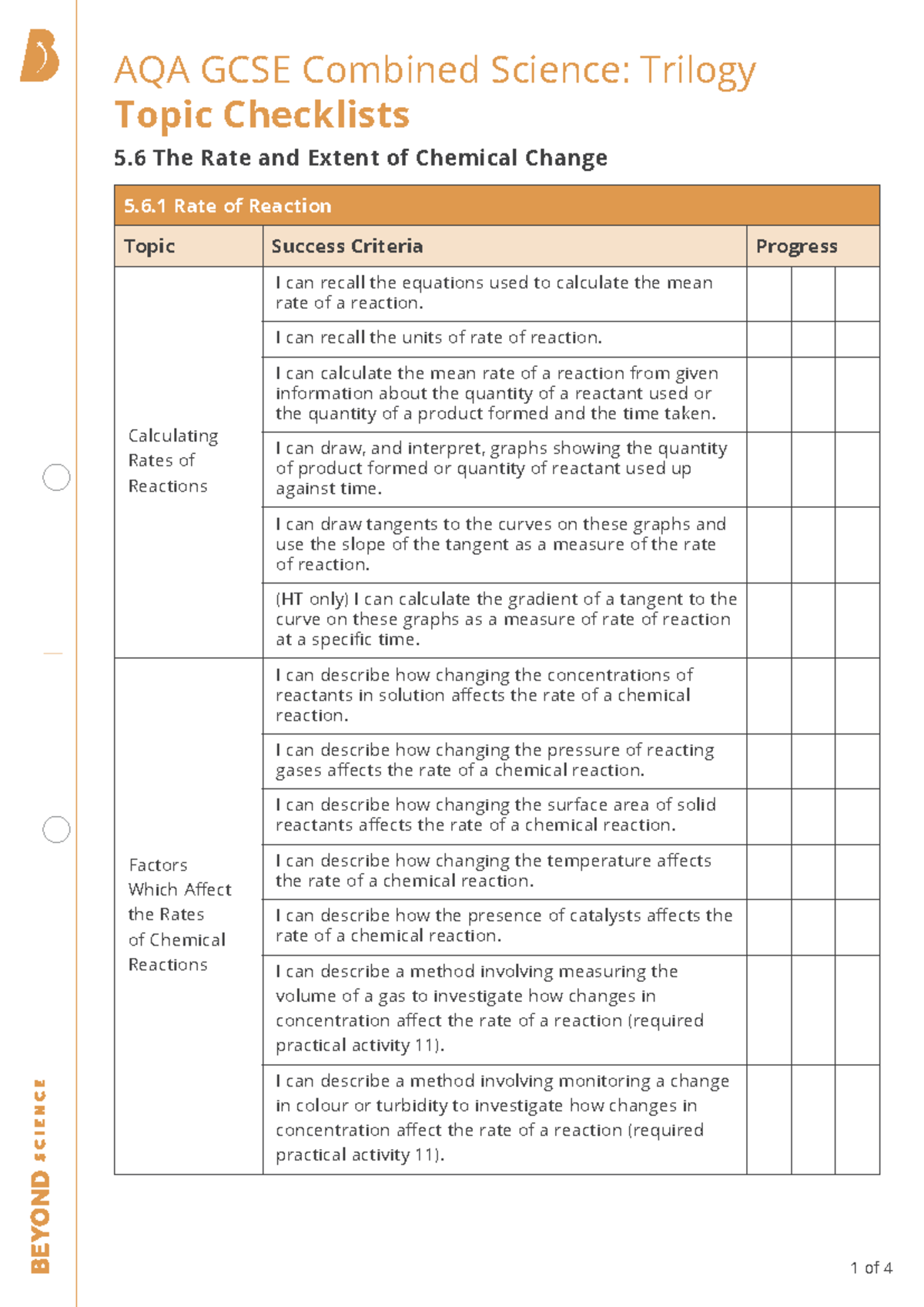 AQA GCSE Combined Science: Trilogy Topic Checklist on Rate of Reaction ...