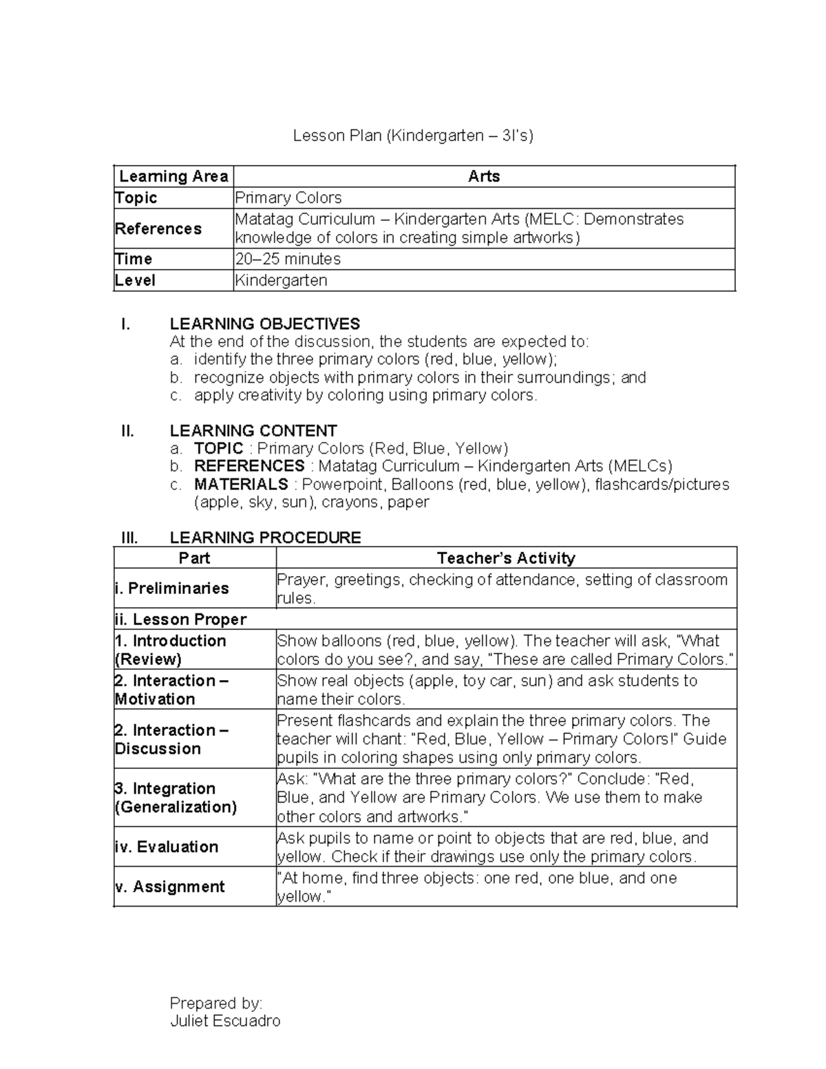 Primary Colors Lesson Plan (KINDERGARTEN Arts - MELC) - Studocu