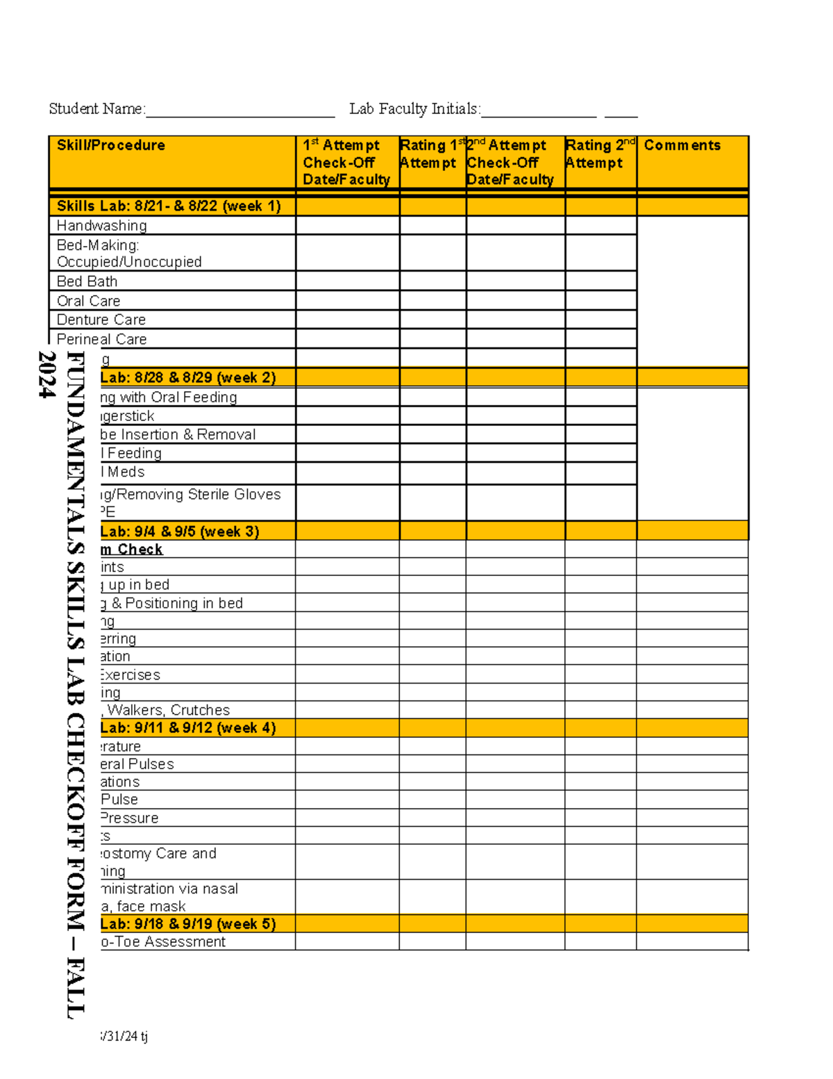 Fall 2024 Skills Lab Checkoff Form - Revised Version - Studocu